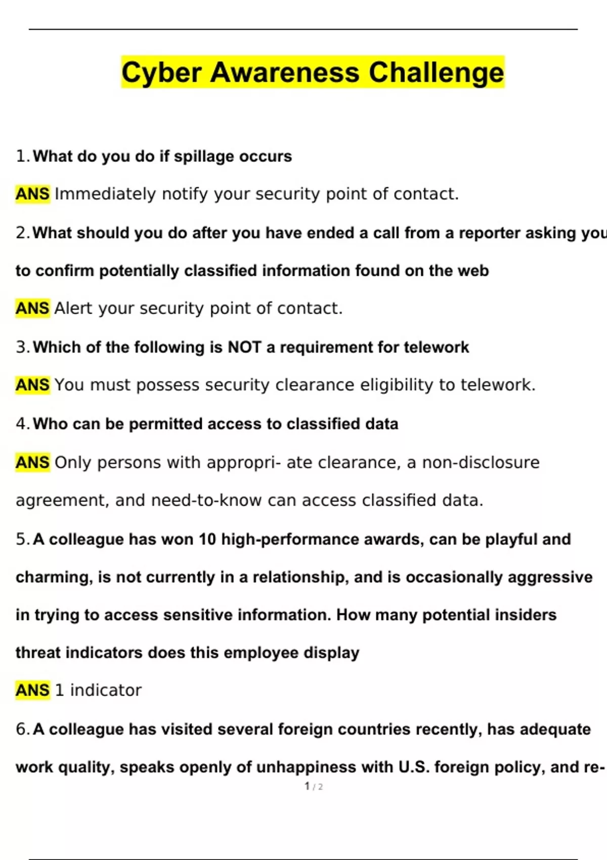 Cyber Awareness Challenge Exam | Questions with 100% Correct Answers ...