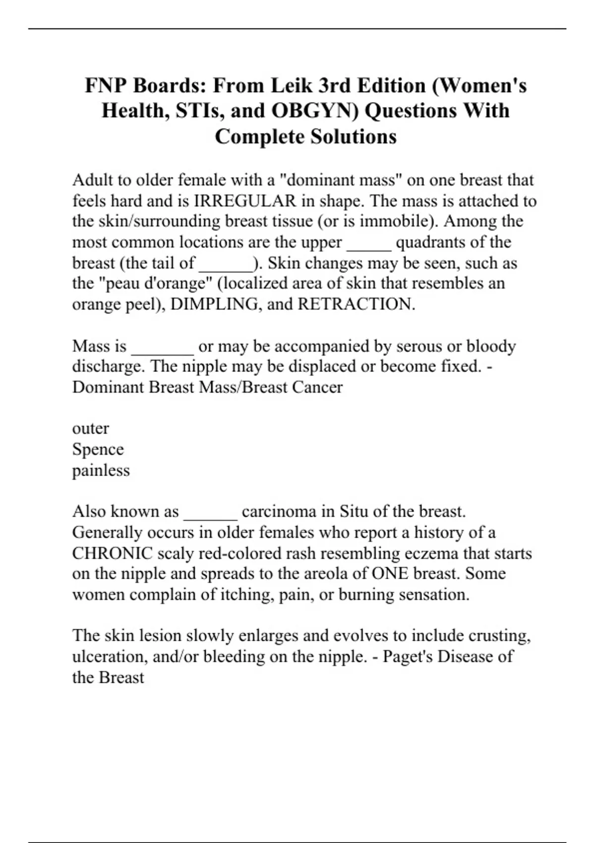 FNP Boards: From Leik 3rd Edition (Women's Health, STIs, and OBGYN ...