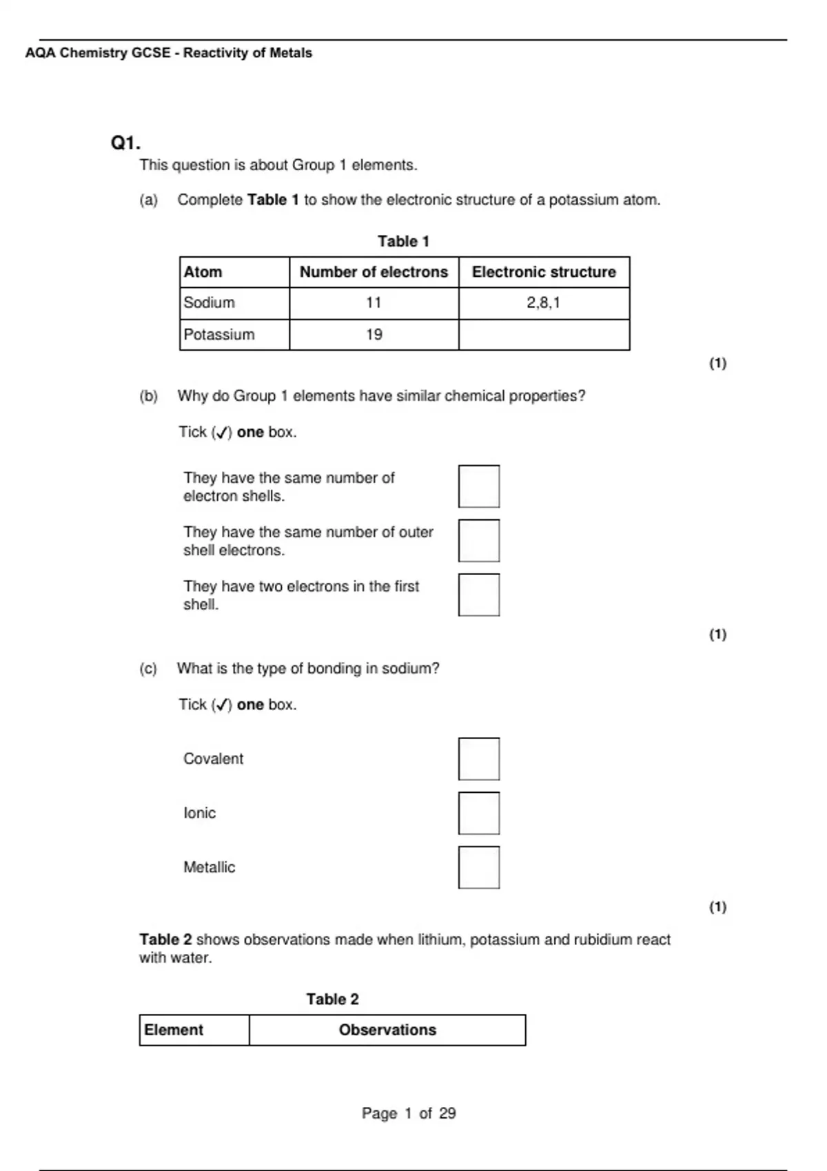 AQA Chemistry Reactivity of Metals 4 Exam Questions and Complete ...