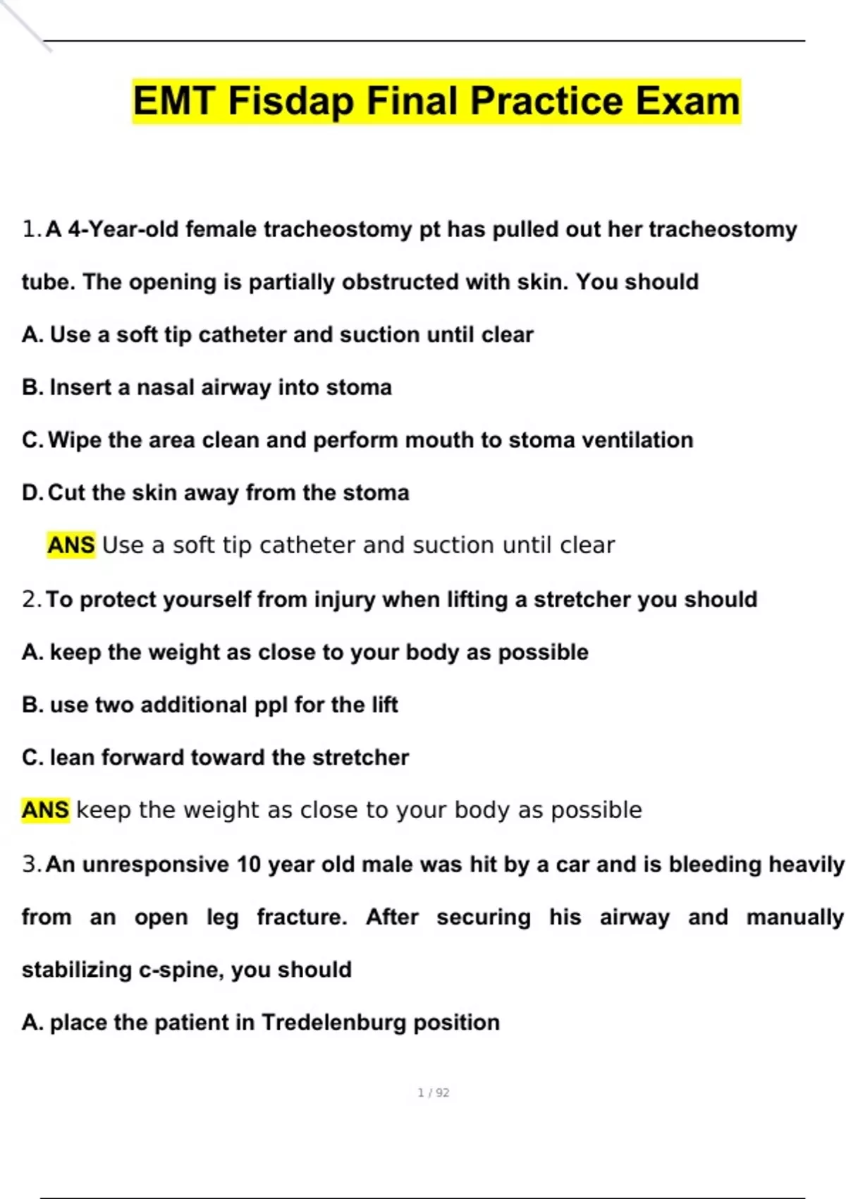 EMT FISDAP Final Practice Exam 2024 | Questions with 100% Correct ...