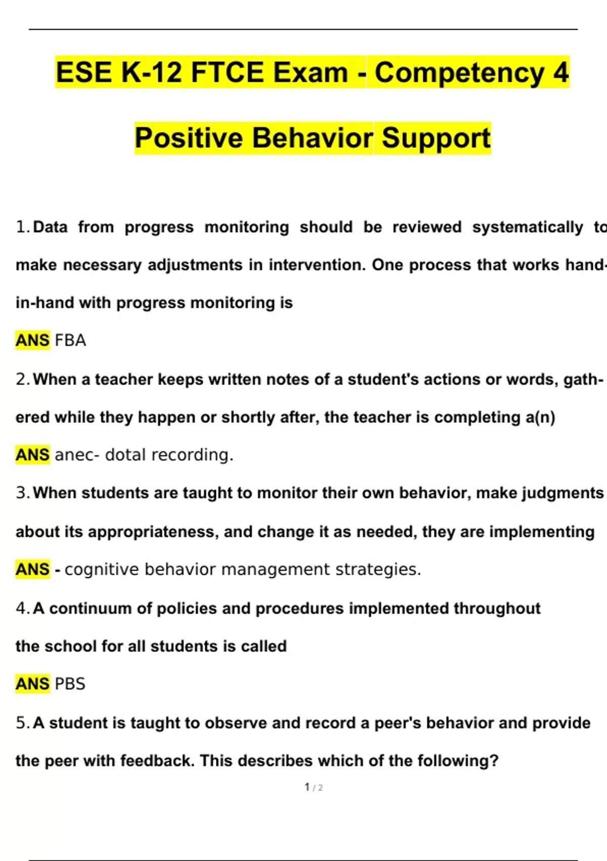 Ftce Ese K 12 Exam Bundled Questions And Answers 100 Correct Stuvia Us