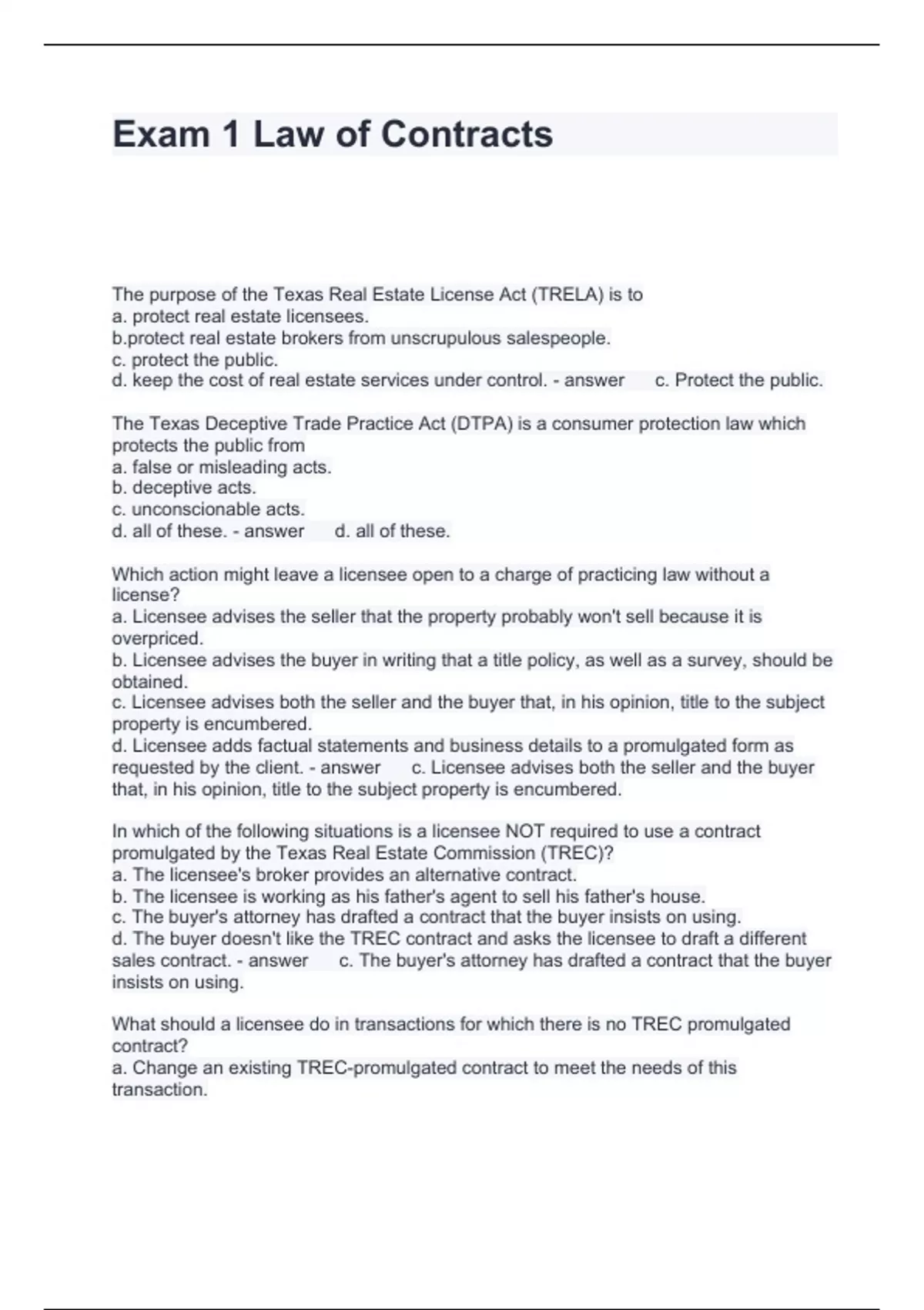 Exam 1 Law of Contracts Questions with solutions 2024 - Law of Contract - Stuvia US