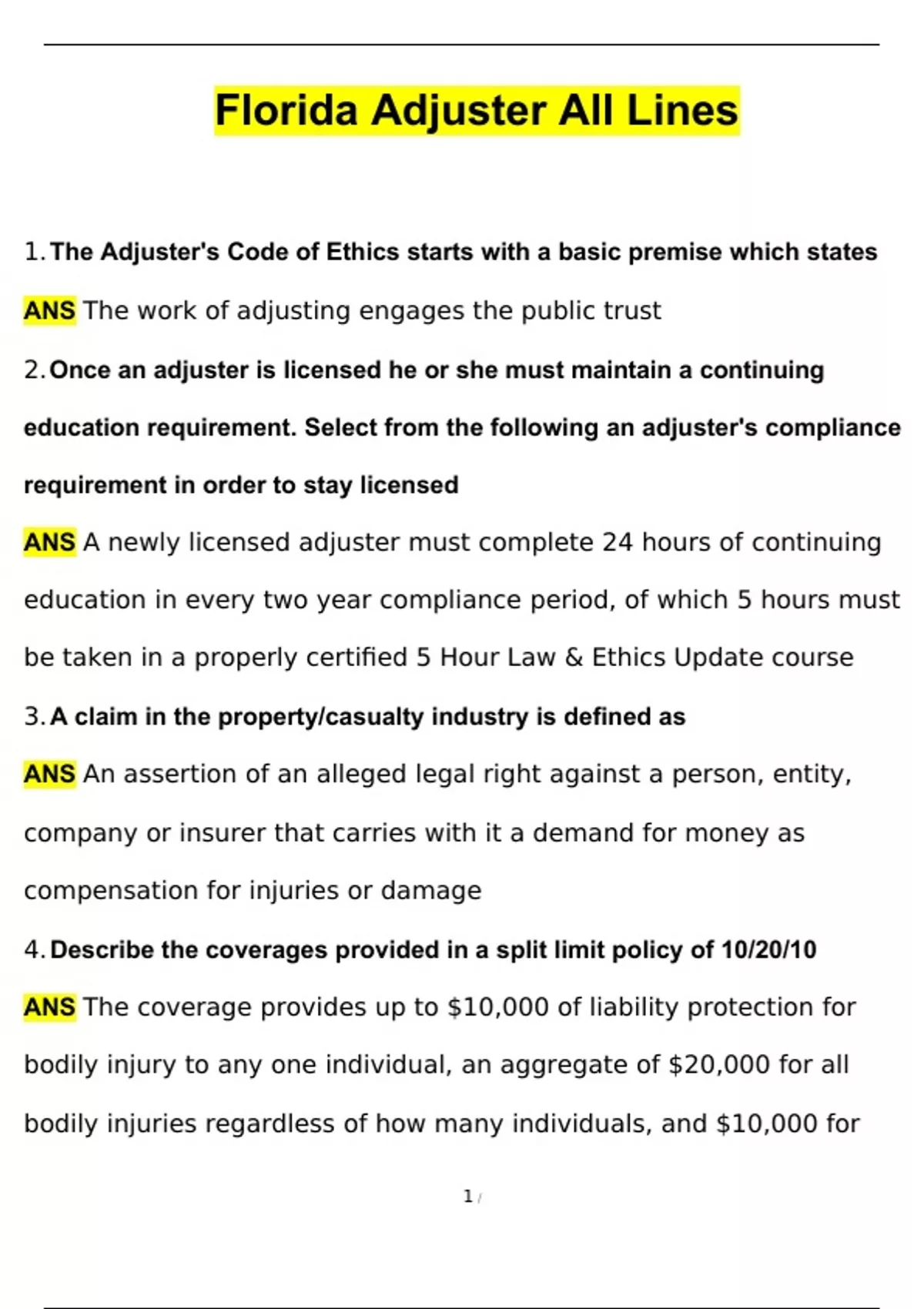 Florida Public Adjuster State Test BUNDLED Florida Test Study Guide ...