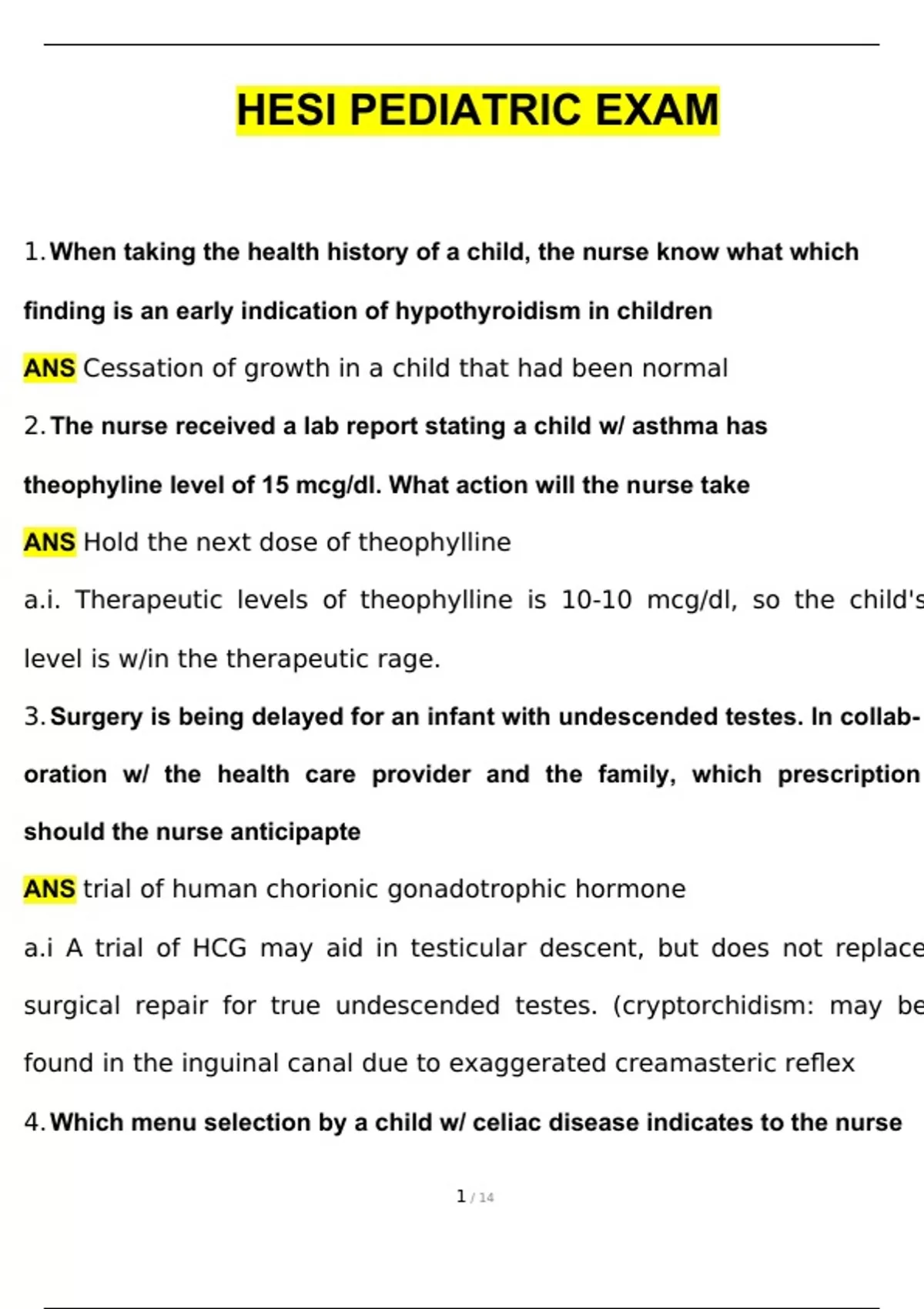 HESI Pediatric Exam | Questions with 100% Correct Answers | Verified ...