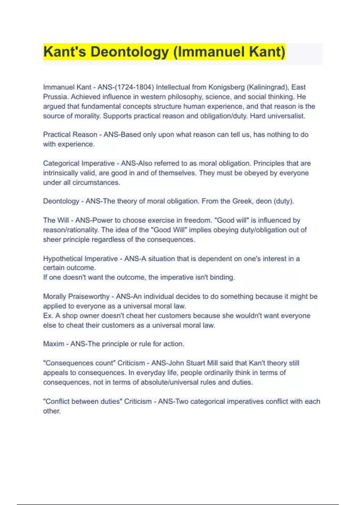 Kant's Deontology (Immanuel Kant) - Combined courses study - Stuvia UK