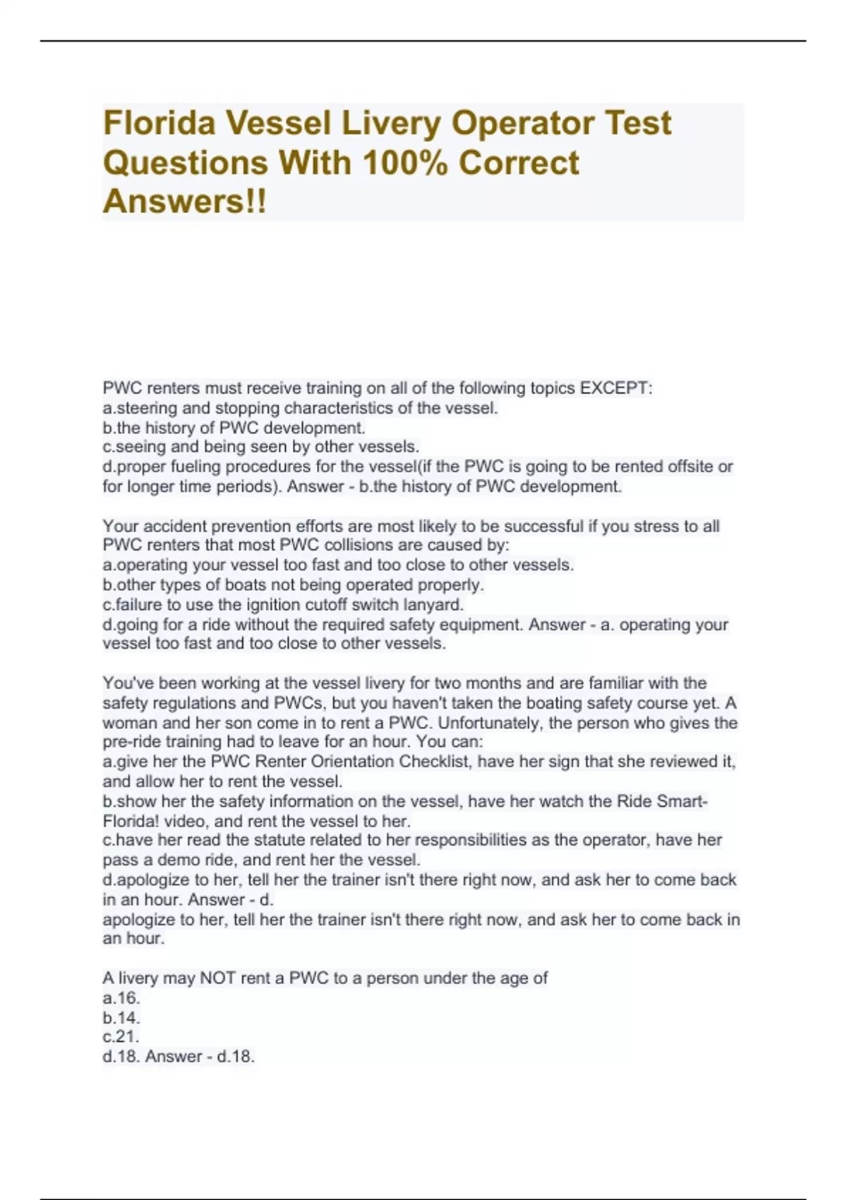 Florida Vessel Livery Operator Test Questions With 100% Correct Answers ...