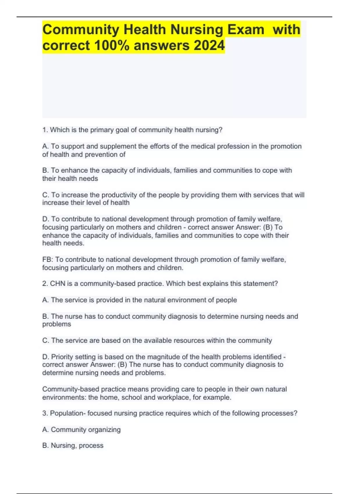 Community Health Nursing Exam with correct 100% answers 2024 ...
