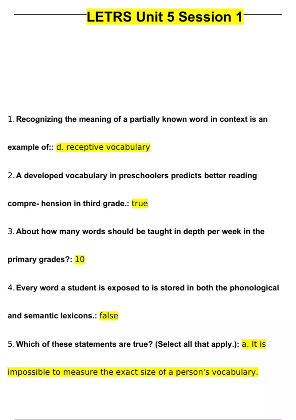 LETRS Unit 5 Session 1 Exam | Questions with 100% Correct Answers ...