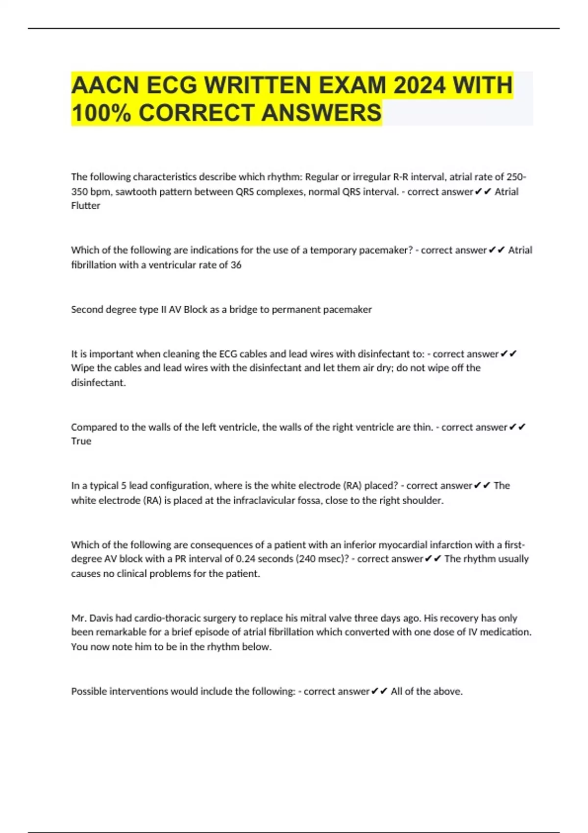 AACN ECG WRITTEN EXAM 2024 WITH 100% CORRECT ANSWERS - AACN - Stuvia US