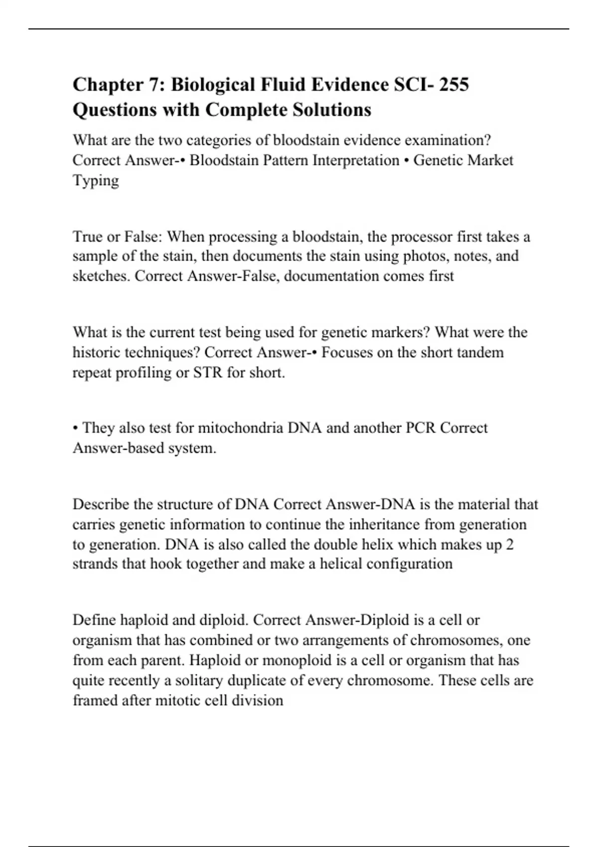 Chapter 7: Biological Fluid Evidence SCI- 255 Questions with Complete ...