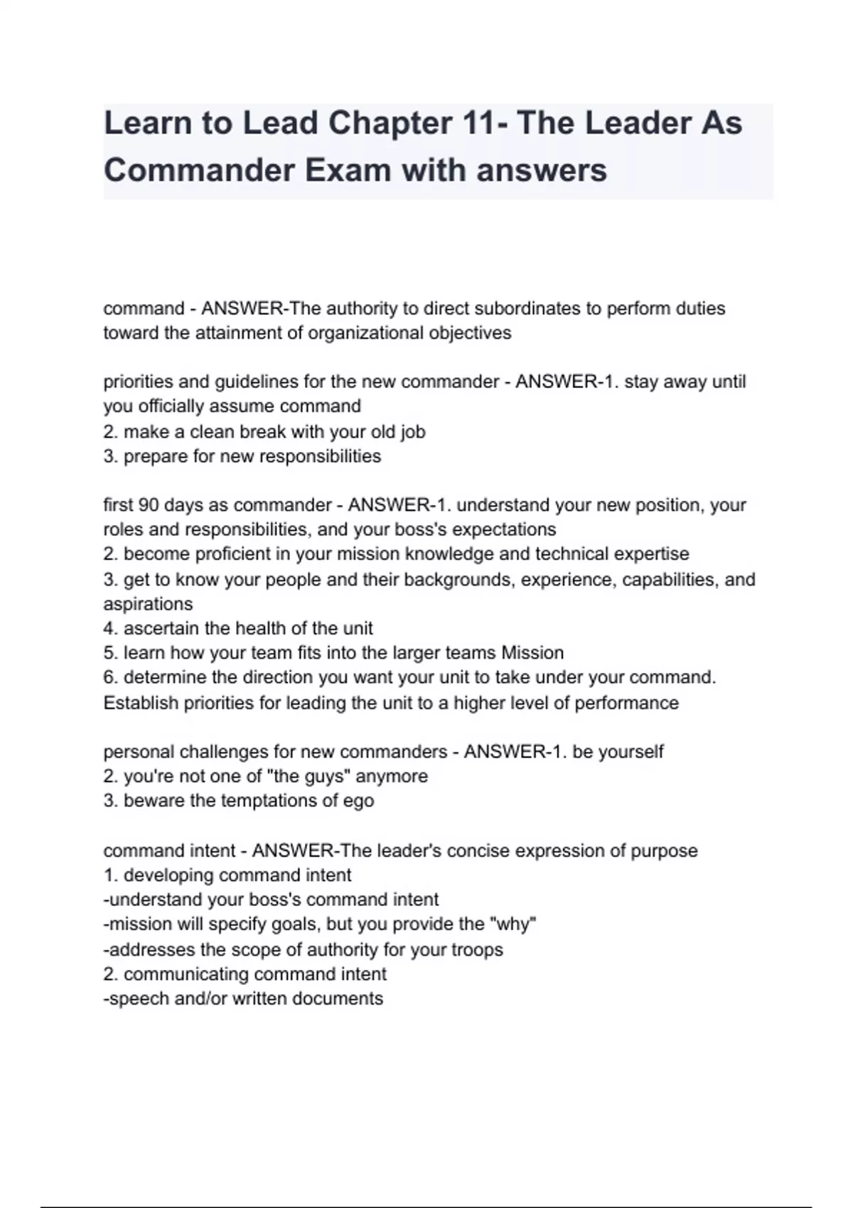 Learn to Lead Chapter 11- The Leader As Commander Exam with answers ...