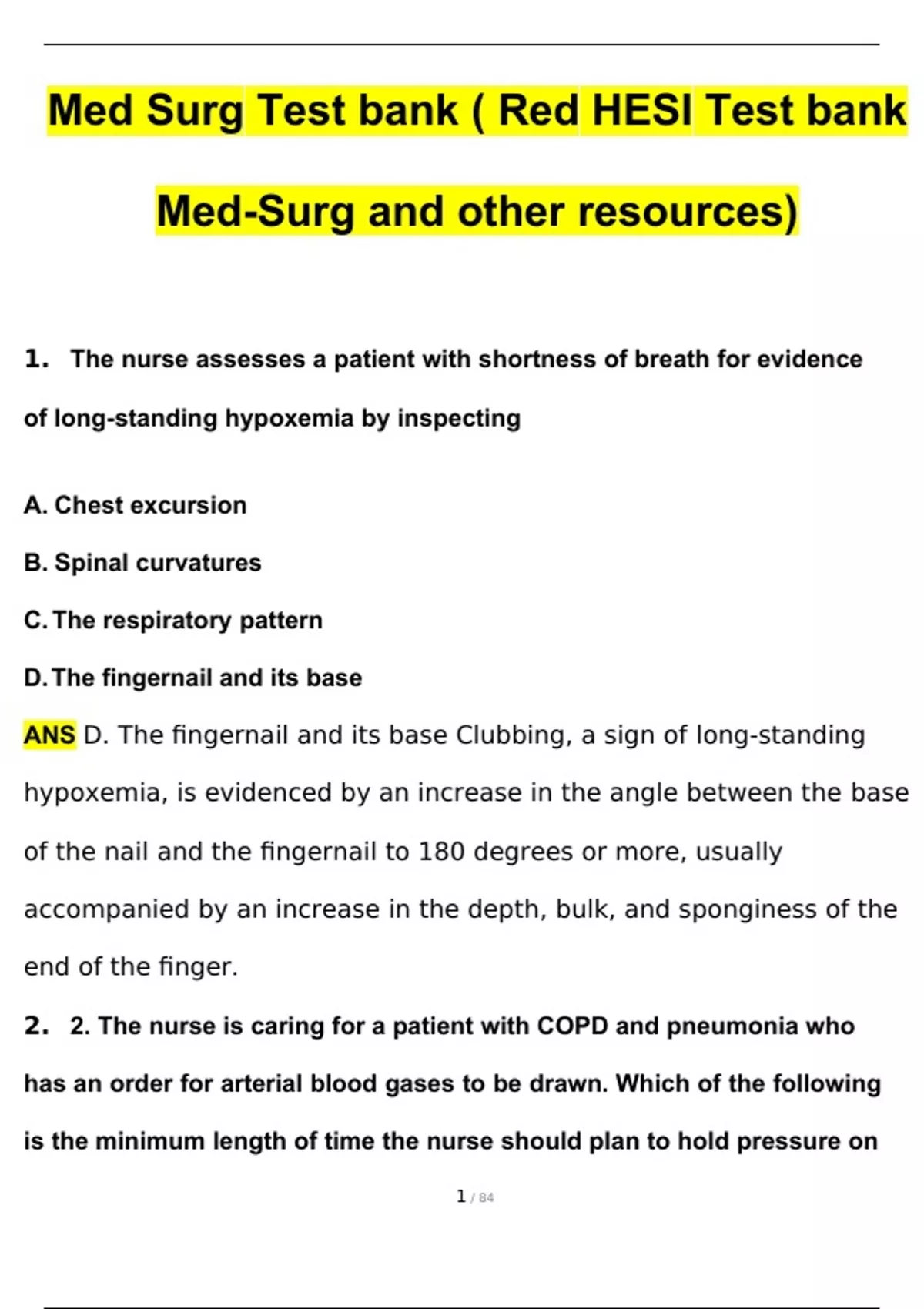 Med Surg Test bank ( Red HESI Test bank Med-Surg and other resources ...