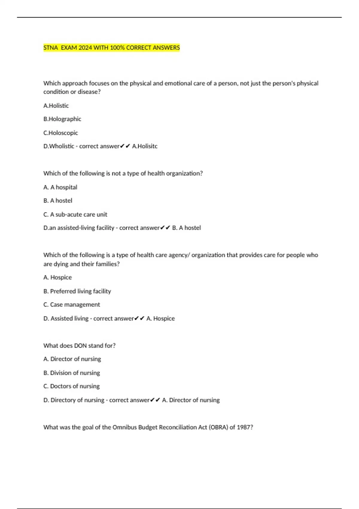 STNA EXAM 2024 WITH 100% CORRECT ANSWERS - STNA - Stuvia US