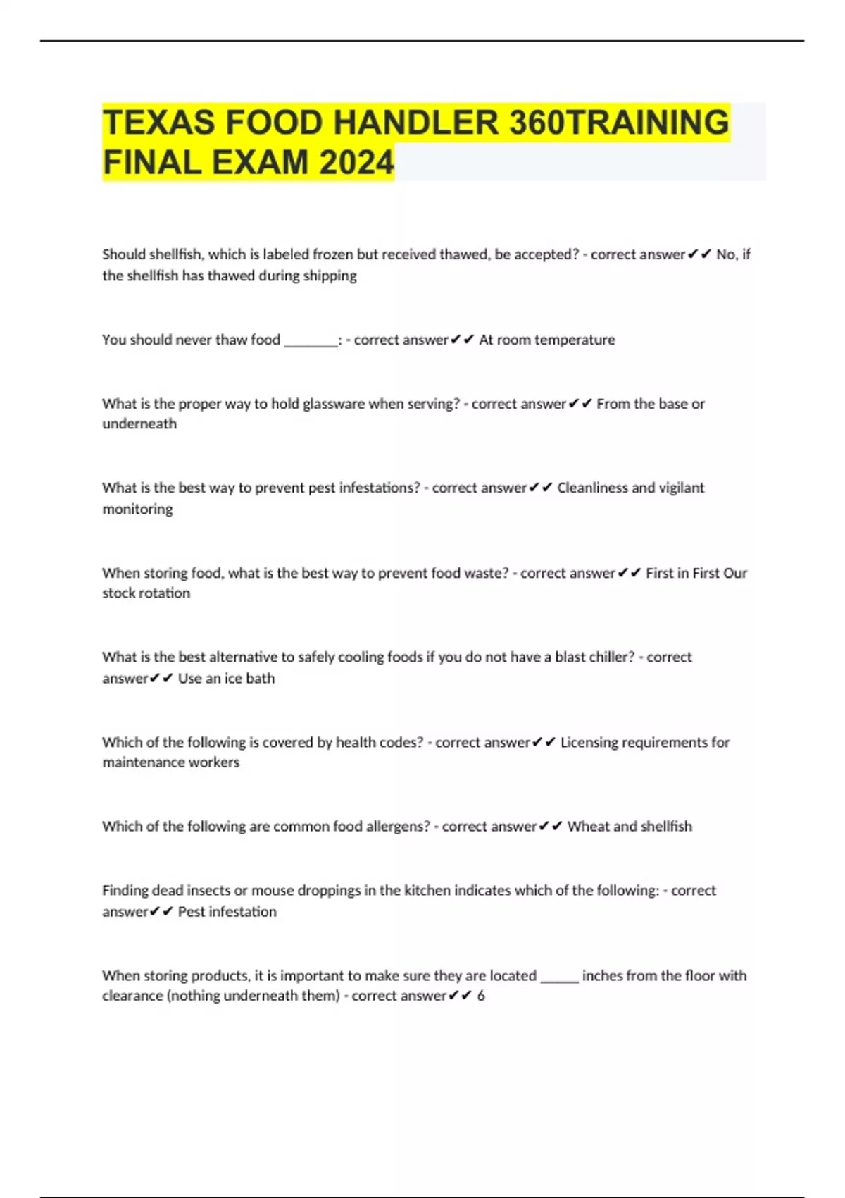 TEXAS FOOD HANDLER 360TRAINING FINAL EXAM 2024 - TEXAS 360 FOOD ...