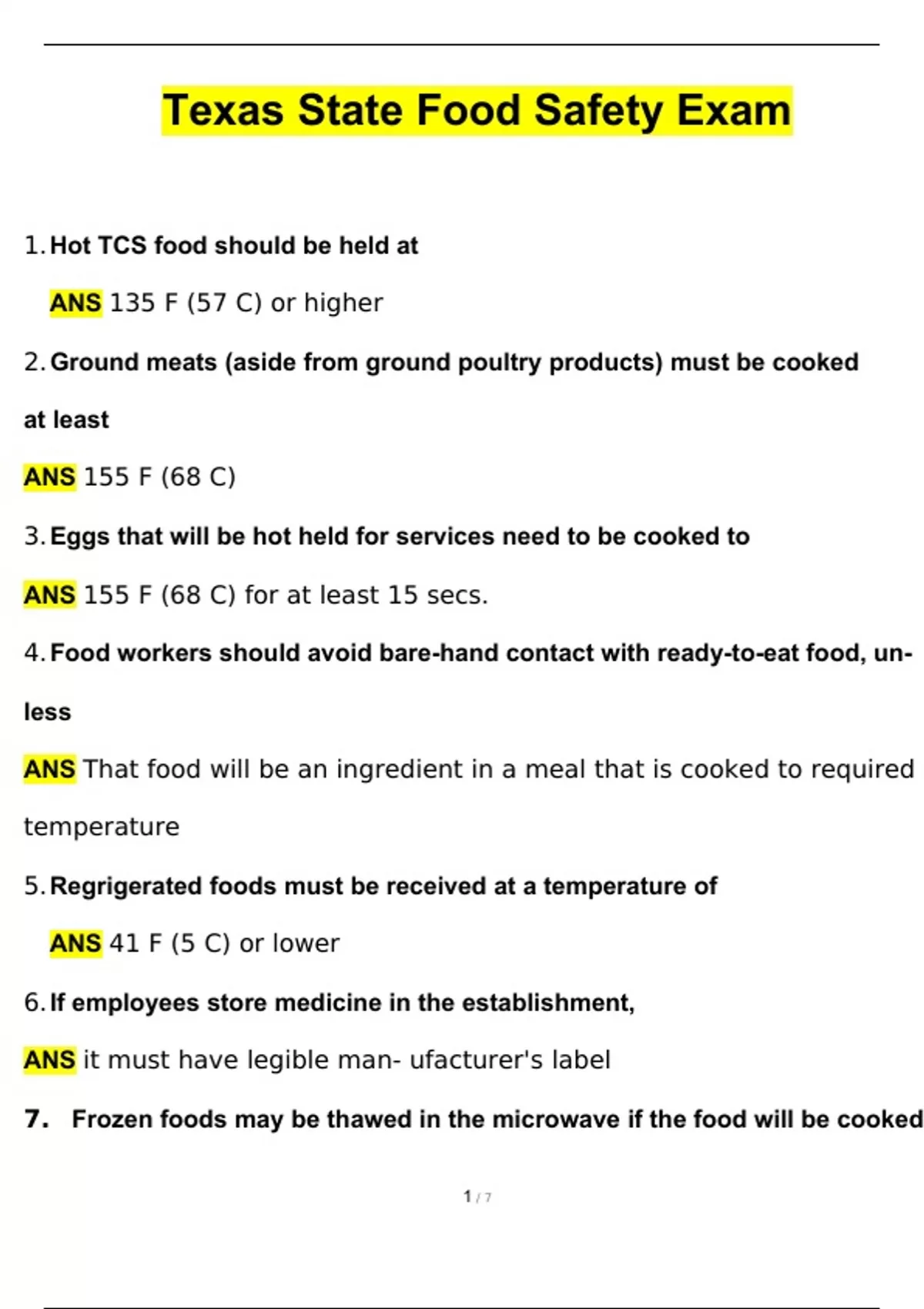 Texas State Food Safety Exam | Questions with 100% Correct Answers ...