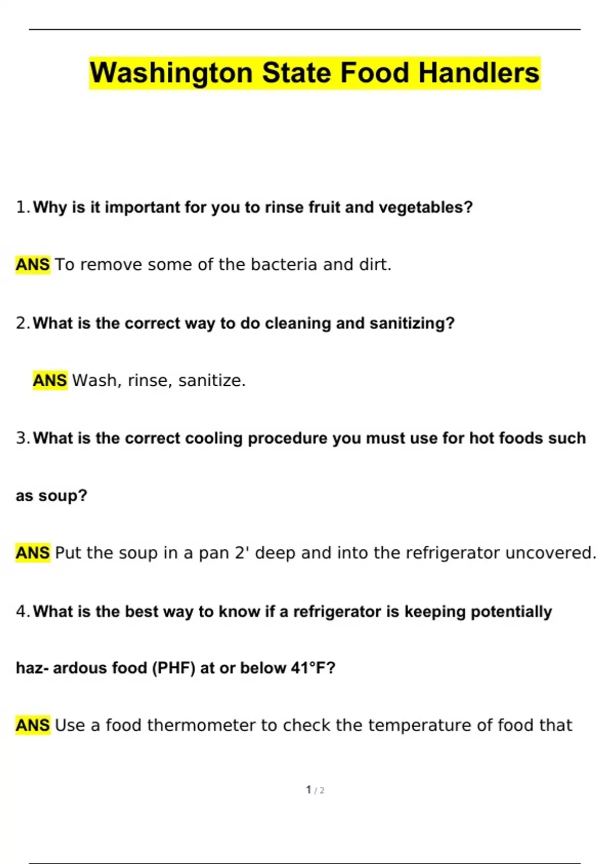 Washington State Food Handlers | Questions with 100% Correct Answers ...