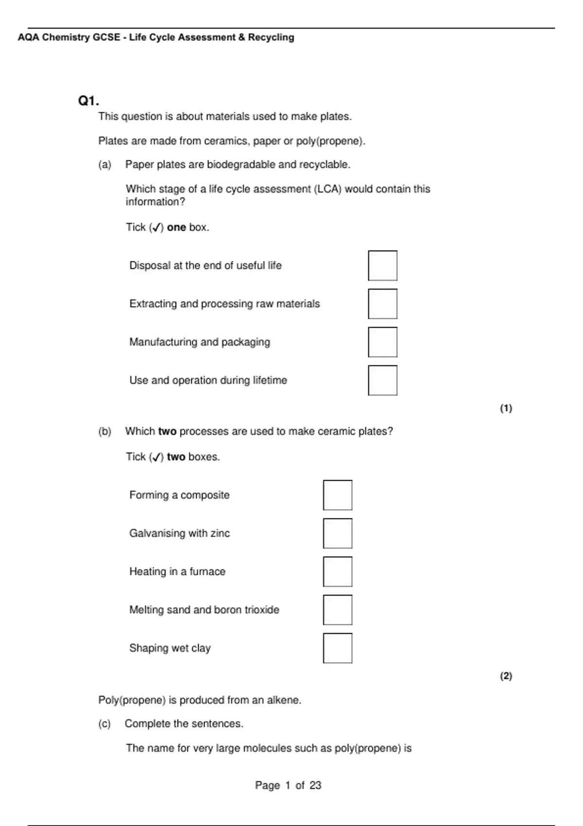 AQA Chemistry GCSE Life Cycle Assessment _ Recycling 4 Exam Questions ...