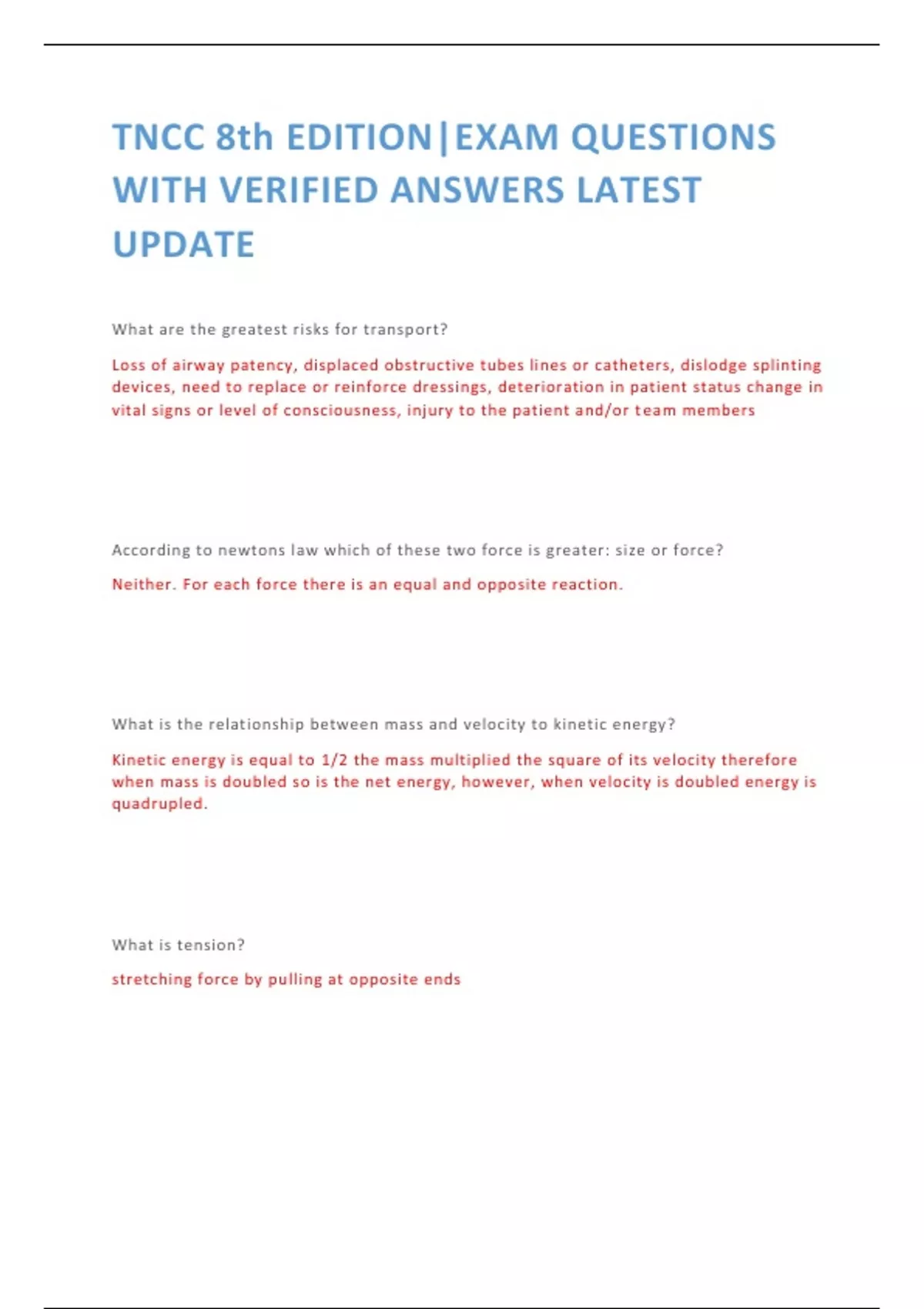 TNCC 8th EDITION|EXAM QUESTIONS WITH VERIFIED ANSWERS LATEST UPDATE ...
