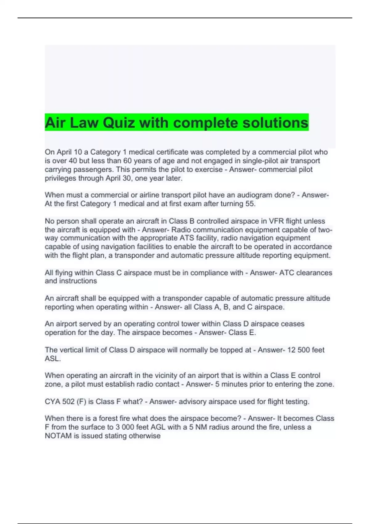 Air Law Quiz with complete solutions - CPAER - Stuvia US