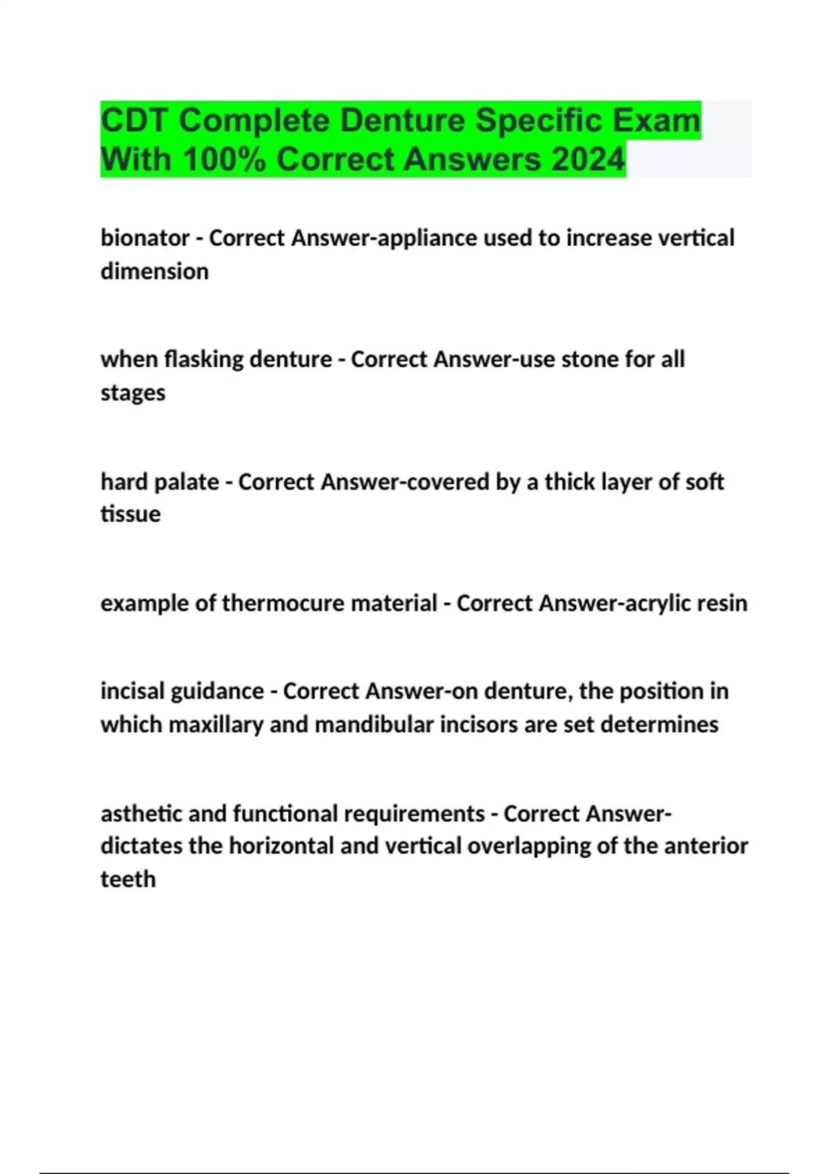 CDT Complete Denture Specific Exam With 100% Correct Answers 2024 - CDT ...