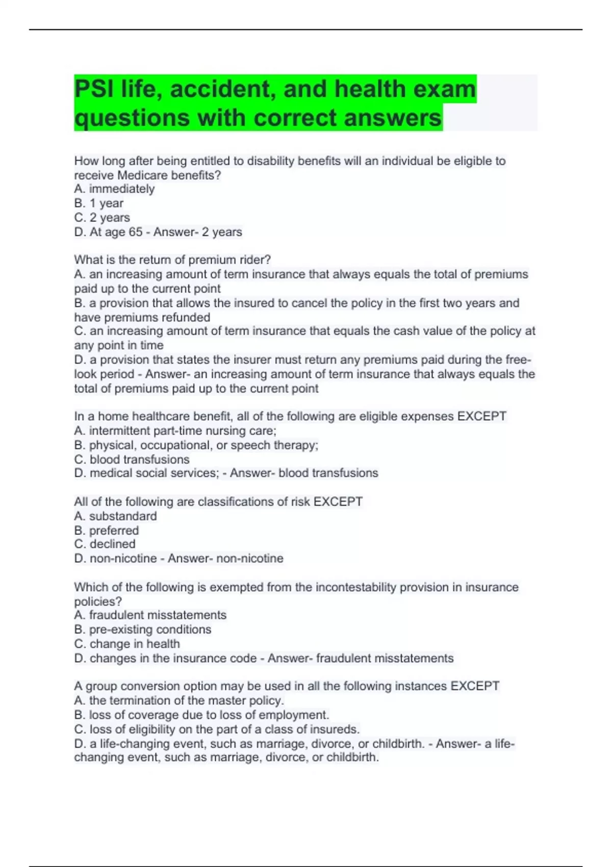 PSI life, accident, and health exam questions with Complete Solutions ...