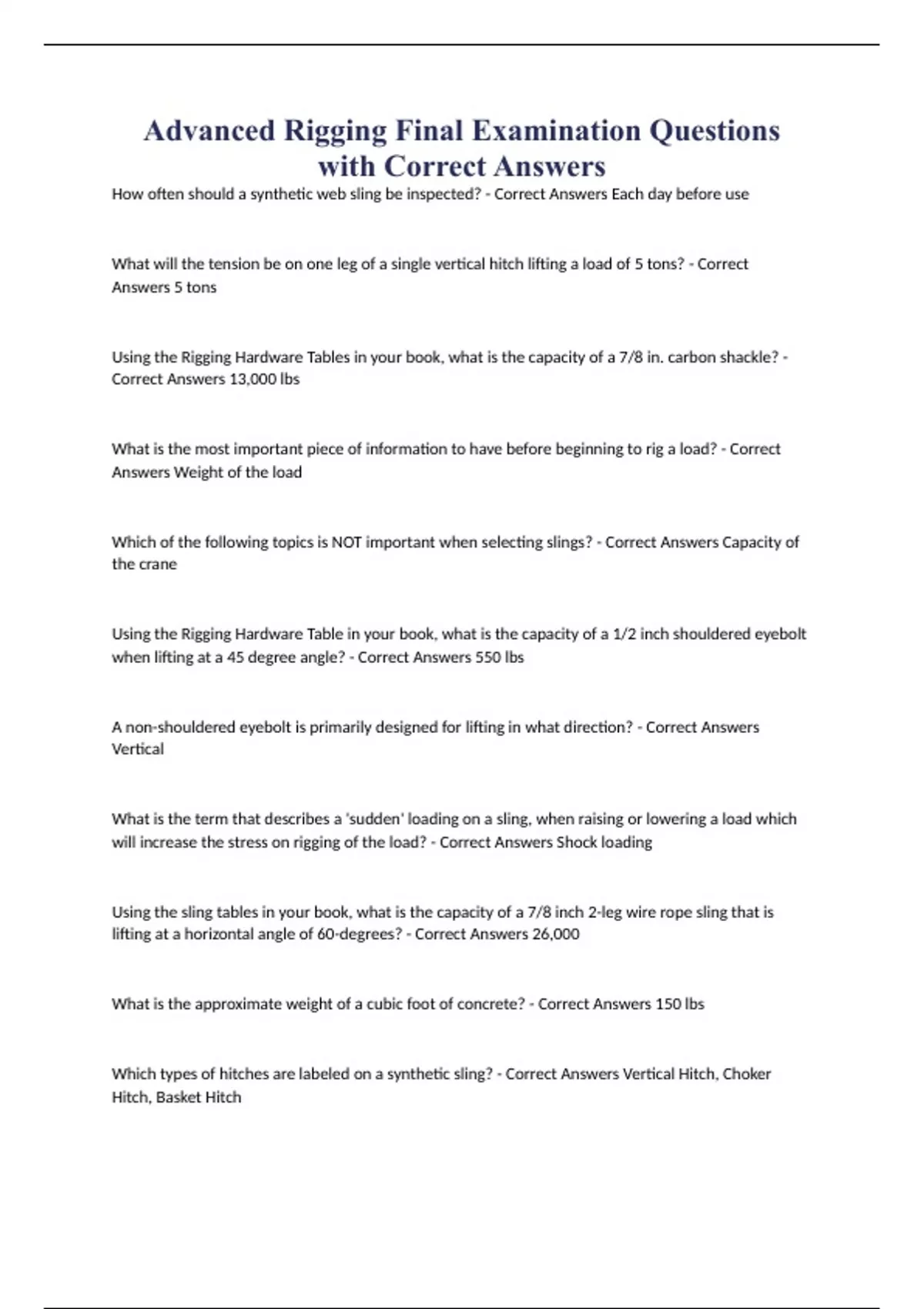 Advanced Rigging Final Examination Questions with Correct Answers ...
