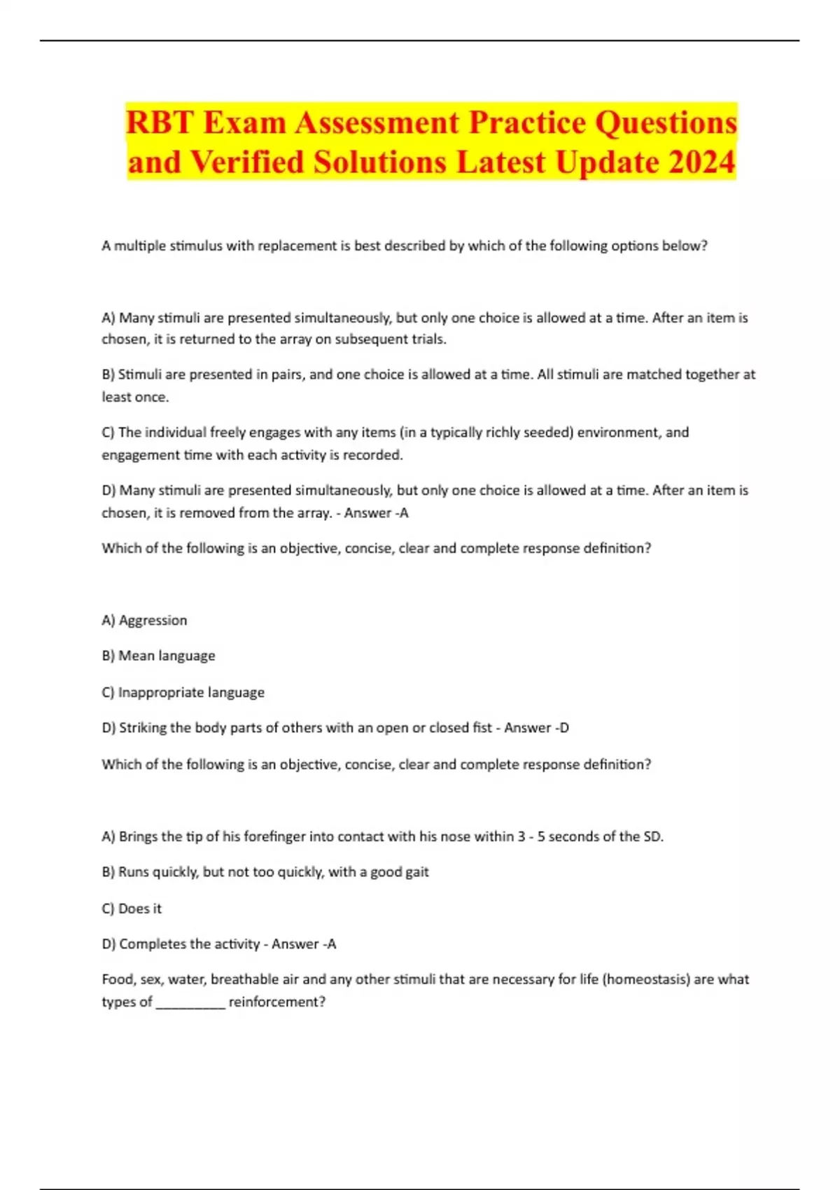 RBT Exam Assessment Practice Questions and Verified Solutions Latest ...