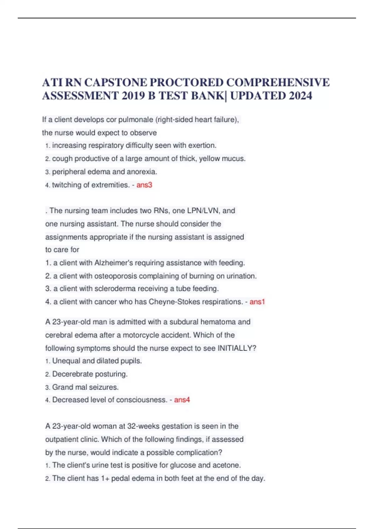 ATI RN CAPSTONE PROCTORED COMPREHENSIVE ASSESSMENT 2019 B TEST BANK ...