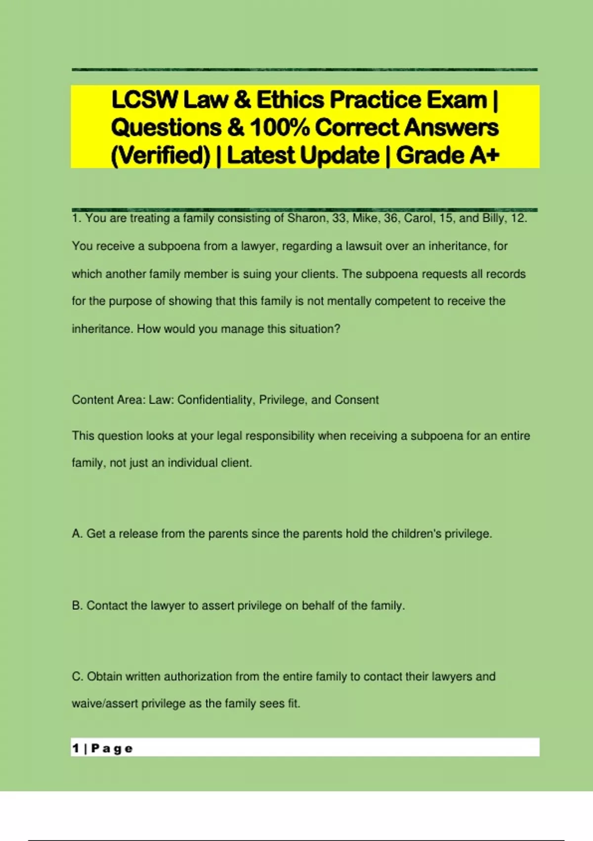LCSW Law & Ethics Practice Exam | Questions & 100% Correct Answers ...