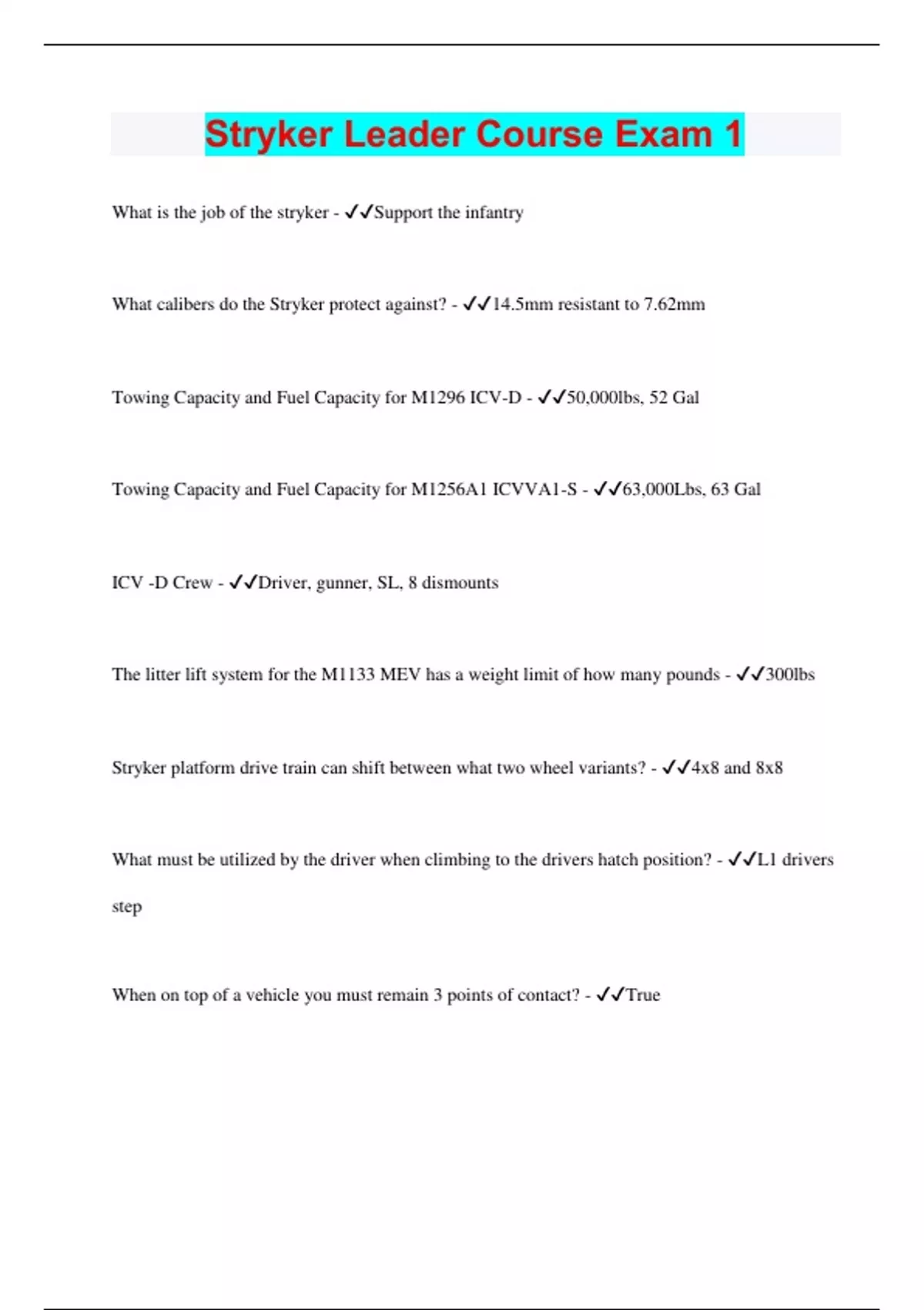 Stryker Leader Course Exam 1 - Stryker Leader Course - Stuvia US