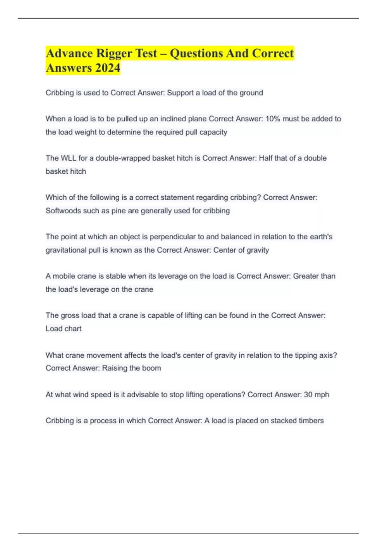 Advance Rigger Test – Questions And Correct Answers 2024 - ADVANCED ...