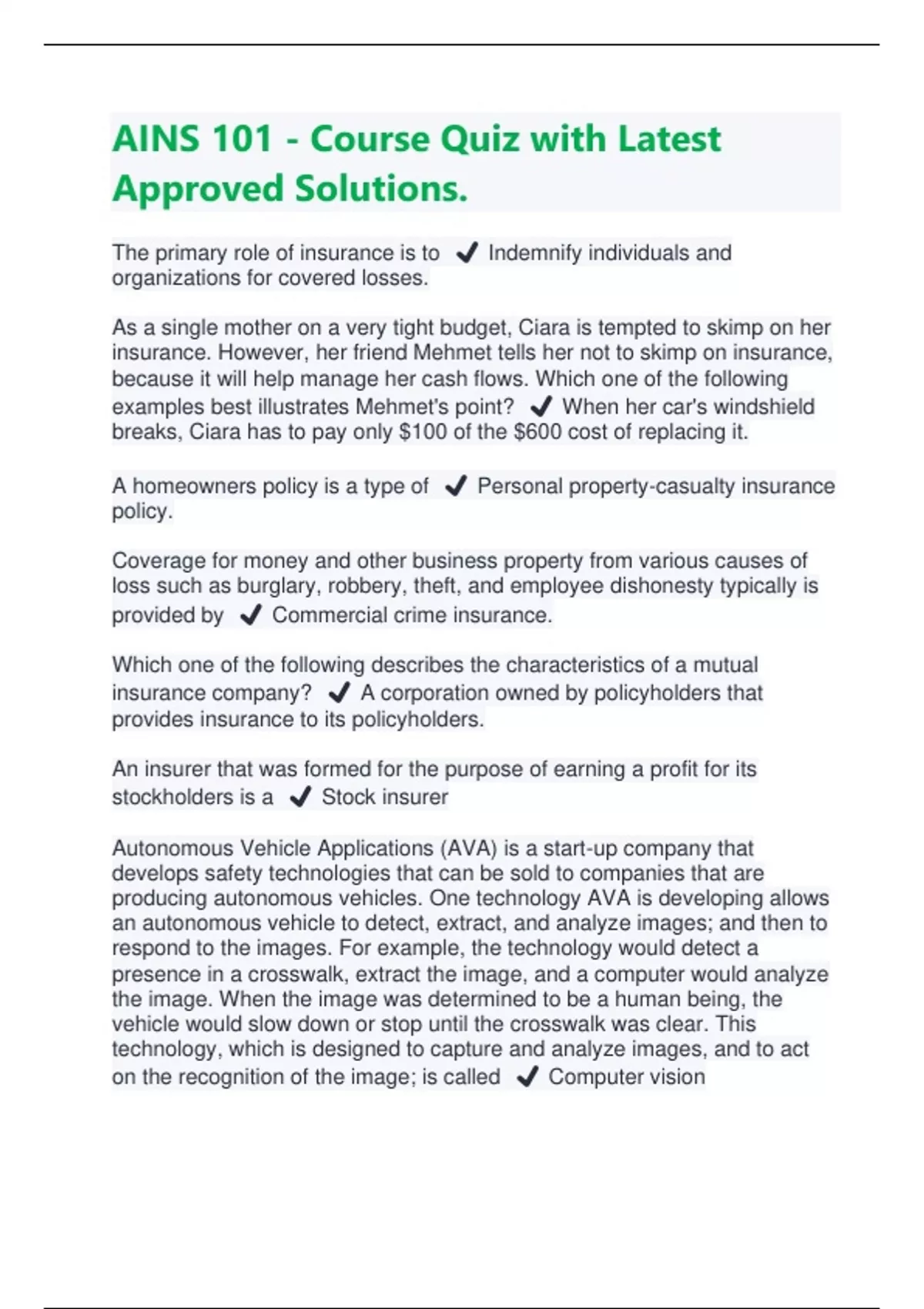 AINS 101 - Course Quiz with Approved Solutions | Latest 2024/2025 ...