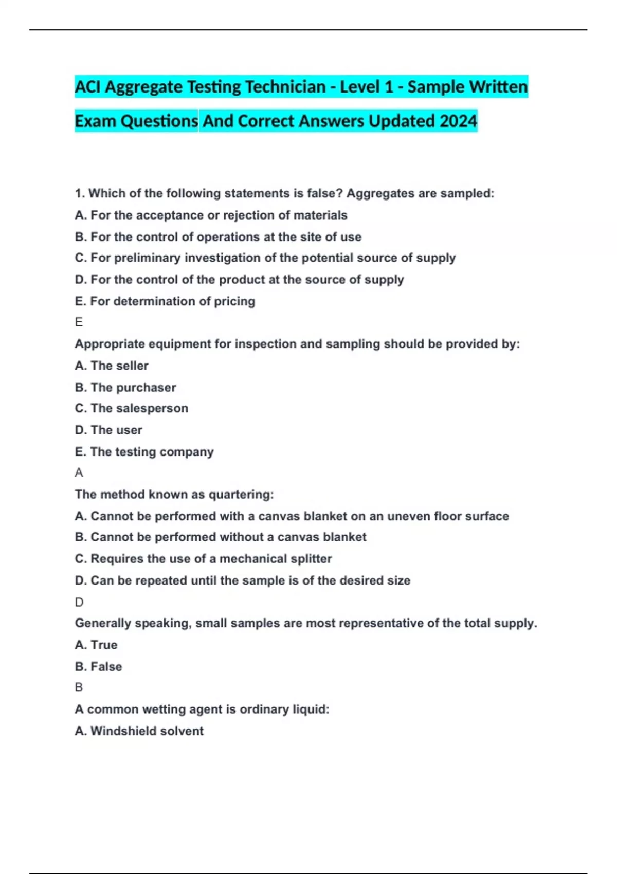 ACI Aggregate Testing Technician - Level 1 - Sample Written Exam ...