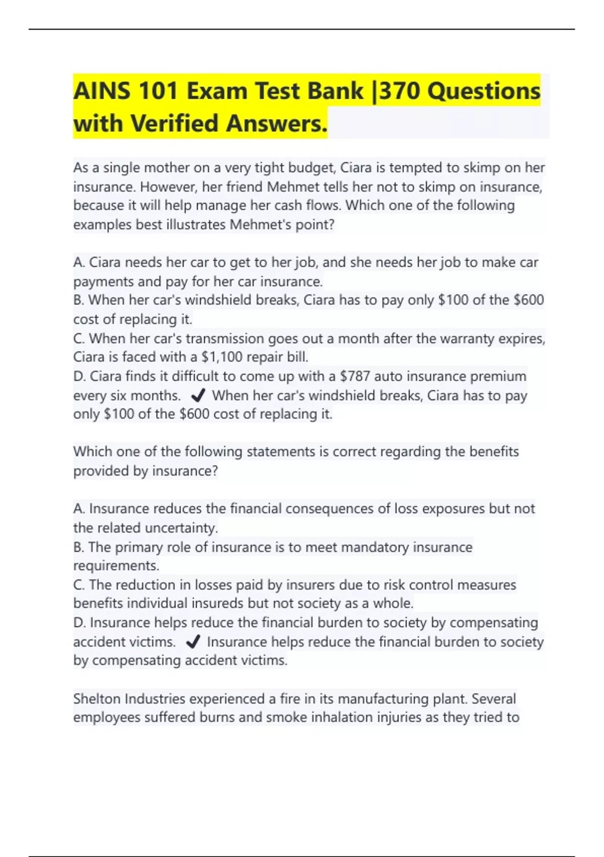 AINS 101 Exam Test Bank |370 Questions with Verified Answers | Latest ...