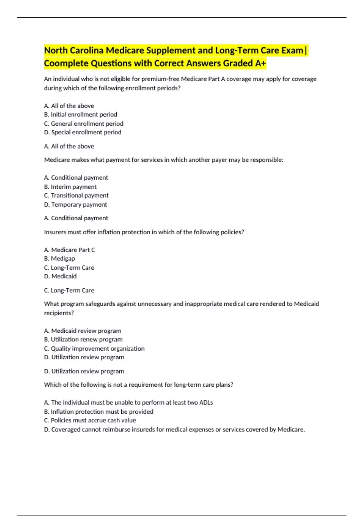 North Carolina Medicare Supplement and Long-Term Care Exam|Coomplete ...