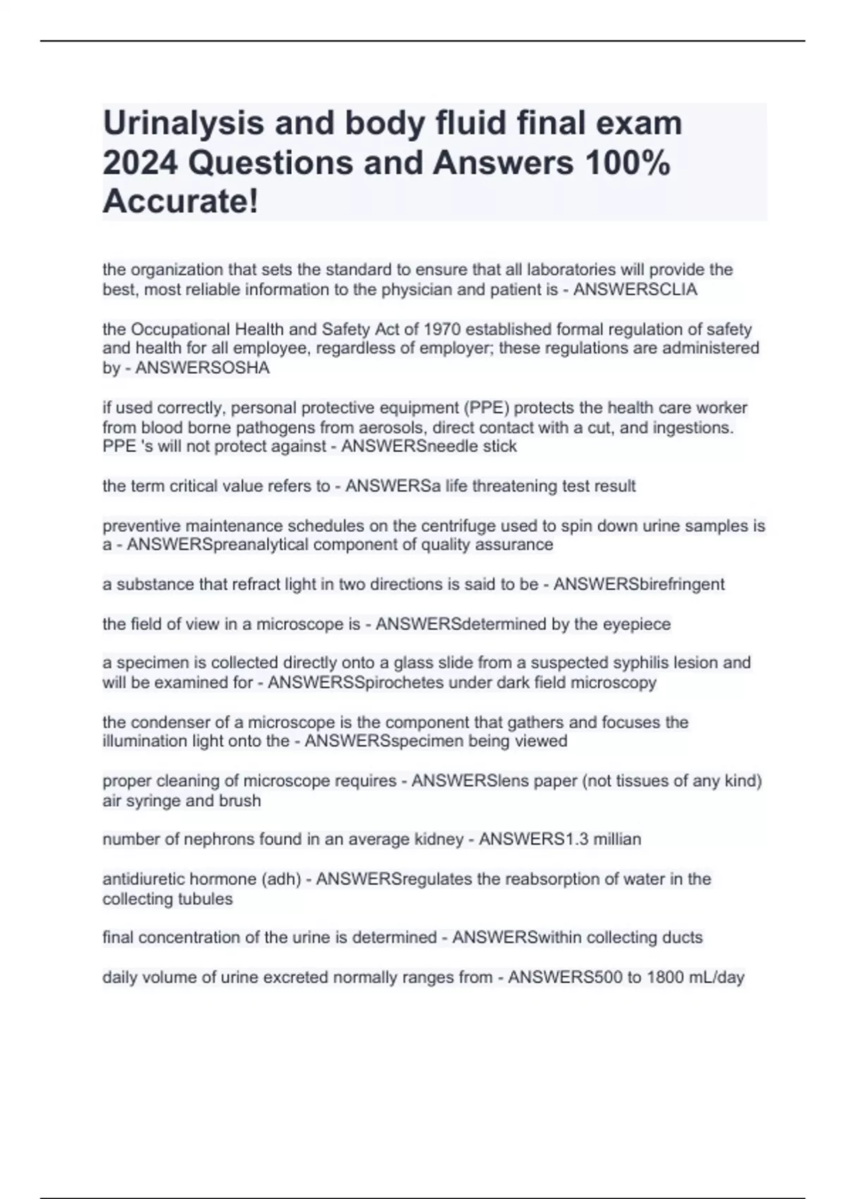 Urinalysis and body fluid final exam 2024 Questions and Answers 100% Accurate! - Urinalysis and ...