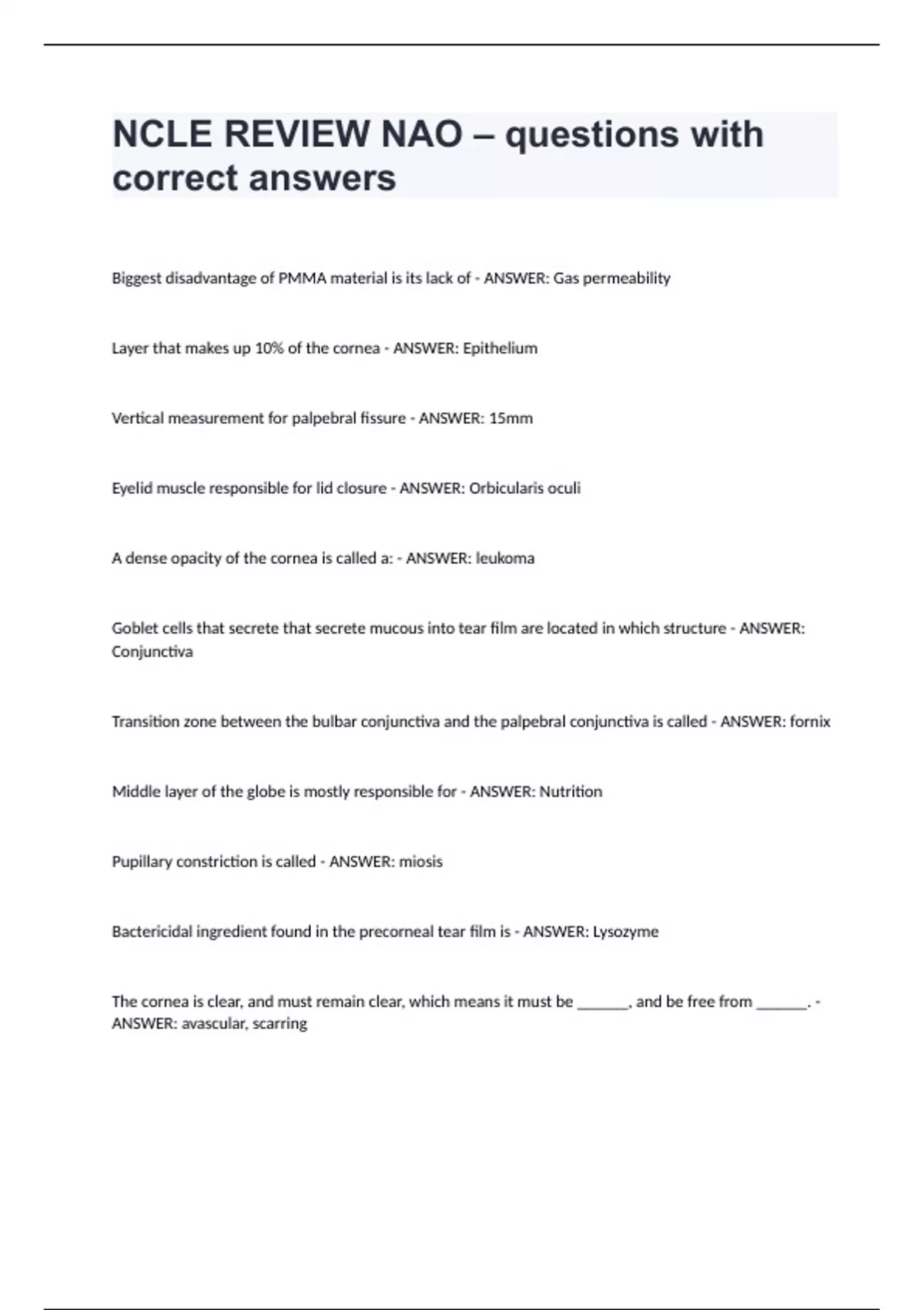 NCLE REVIEW NAO – questions with correct answers - NCLE - Stuvia US