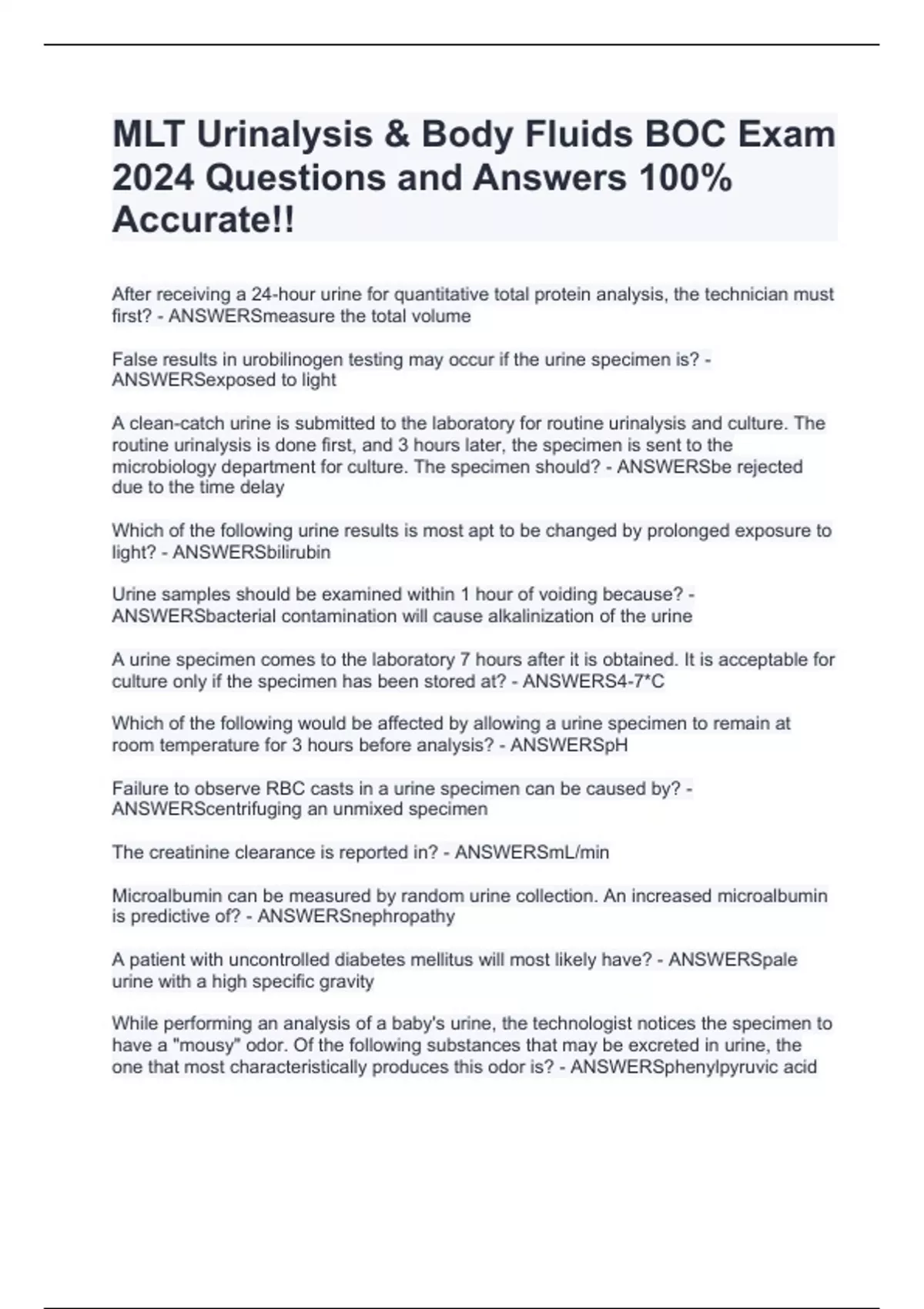 MLT Urinalysis & Body Fluids BOC Exam 2024 Questions and Answers 100% ...