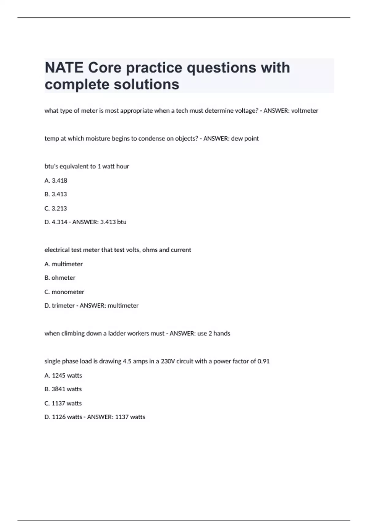 NATE Core practice questions with complete solutions - NATE - Stuvia US