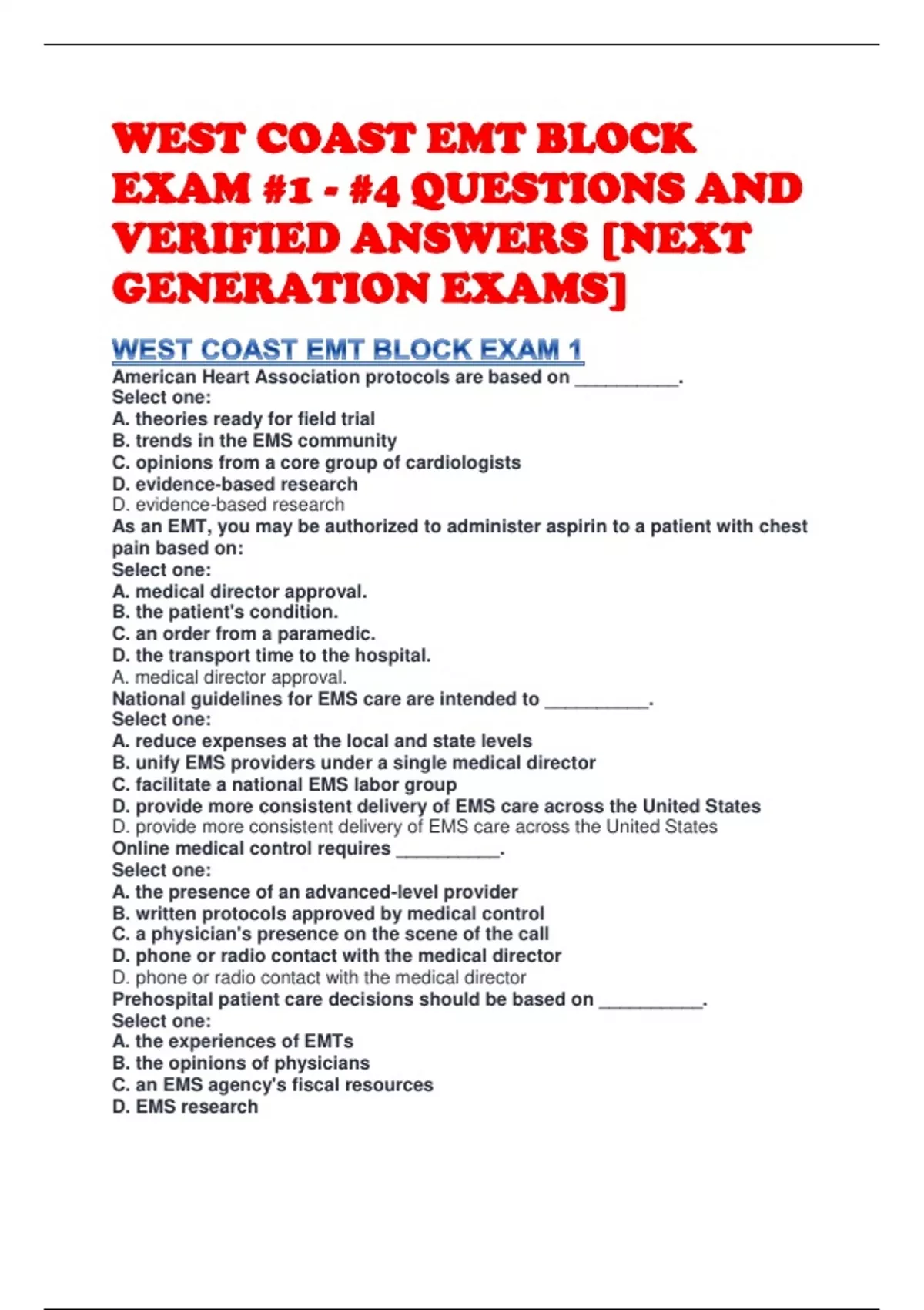 WEST COAST EMT BLOCK EXAM #1 - #4 QUESTIONS AND VERIFIED ANSWERS [NEXT ...