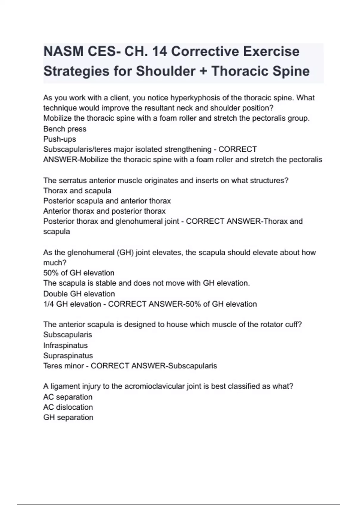 NASM CES- CH. 14 Corrective Exercise Strategies for Shoulder + Thoracic ...