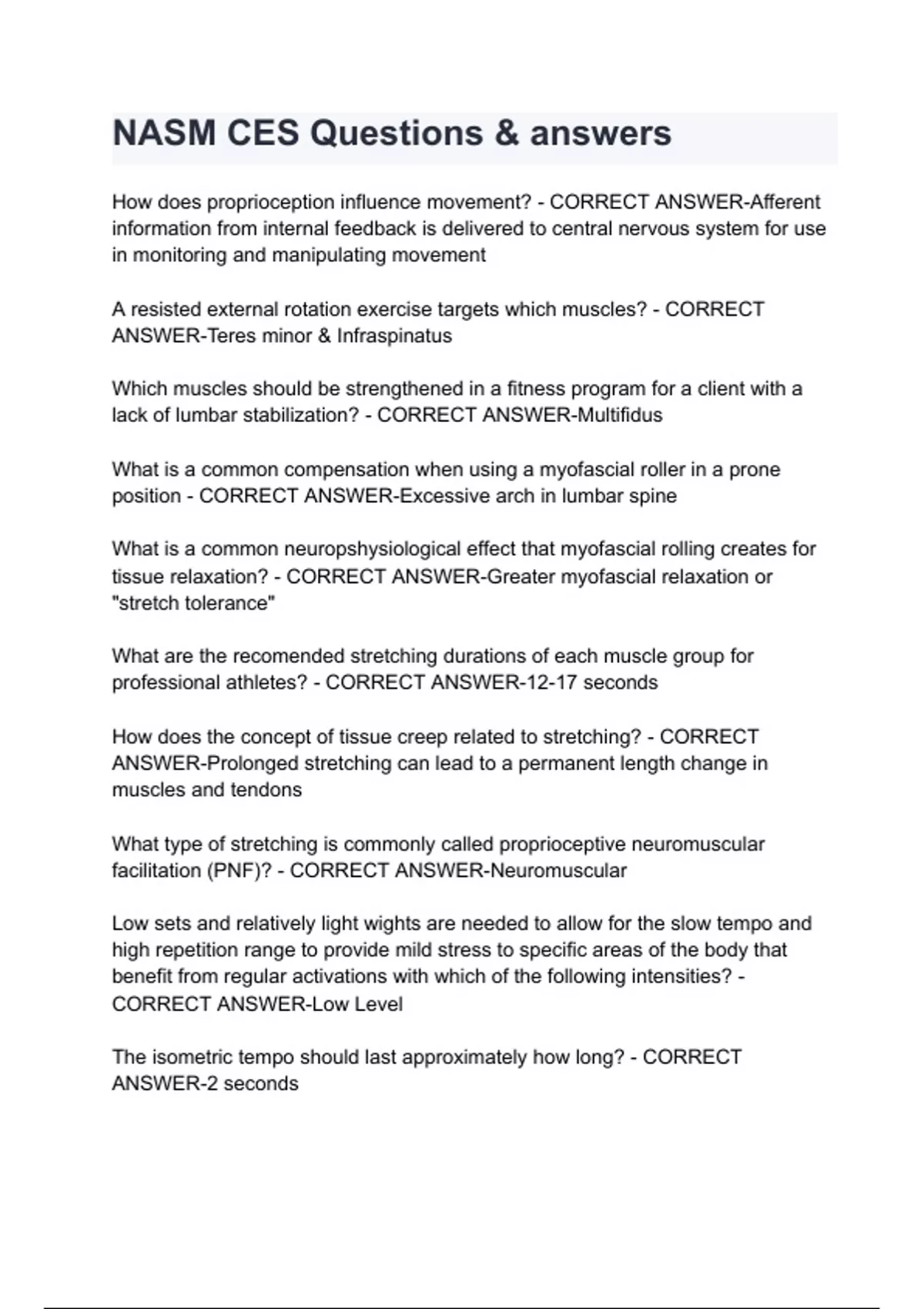NASM CES Questions & answers - NASM - Stuvia US