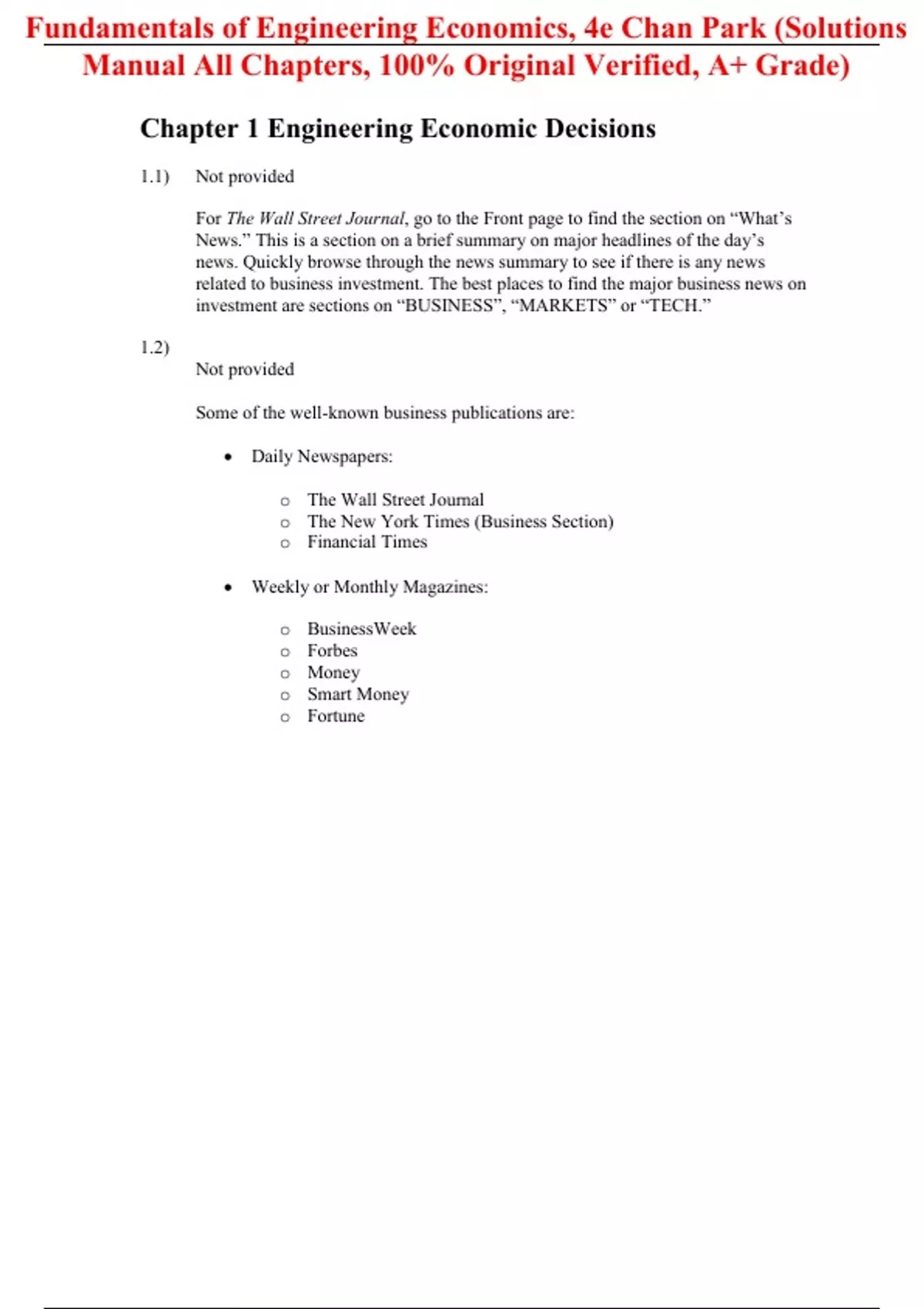 Solutions Manual for Fundamentals of Engineering Economics 4th Edition By Chan Park (All ...