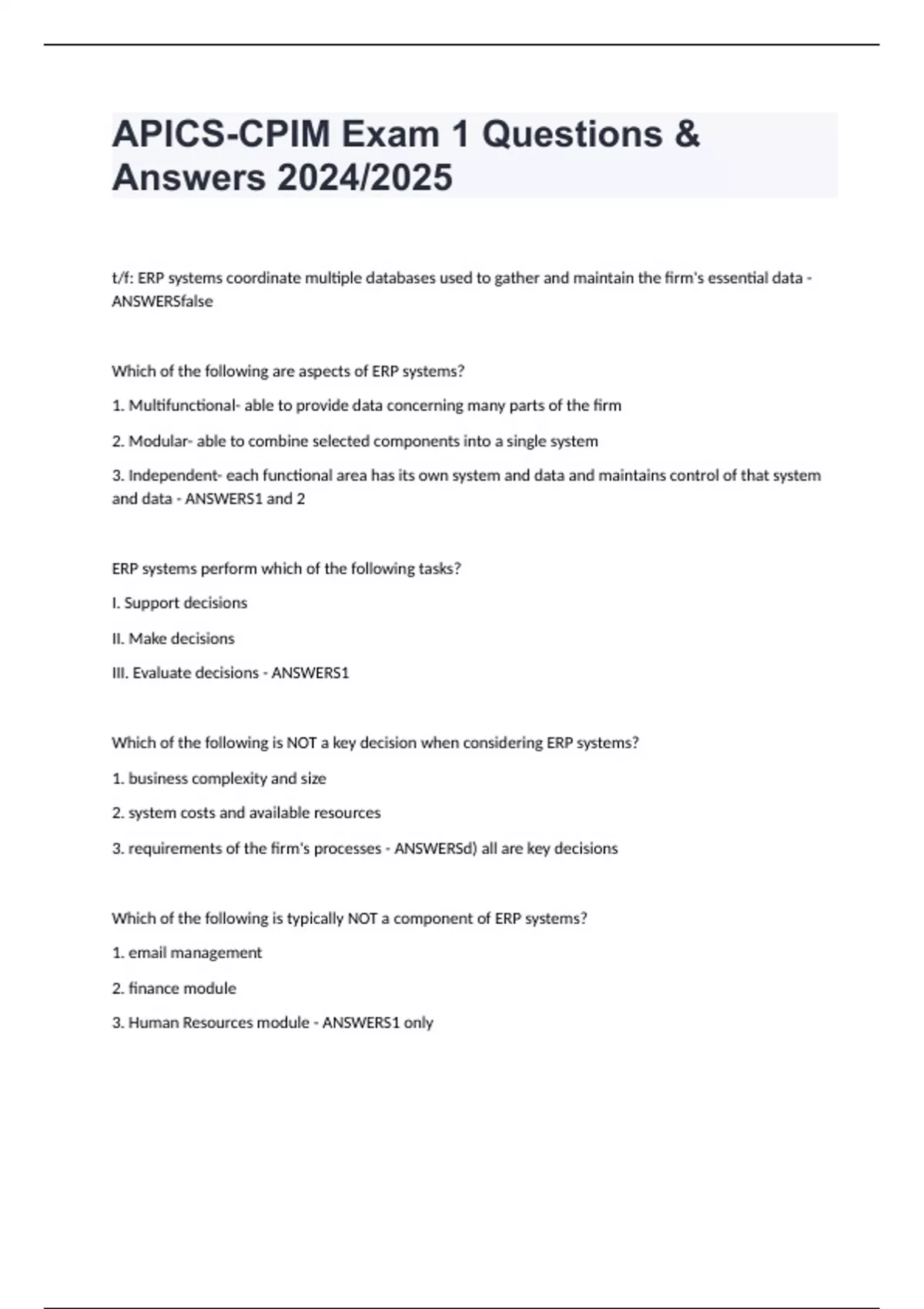 APICS-CPIM Exam 1 Questions & Answers 2024/2025 - APICS-CPIM - Stuvia US