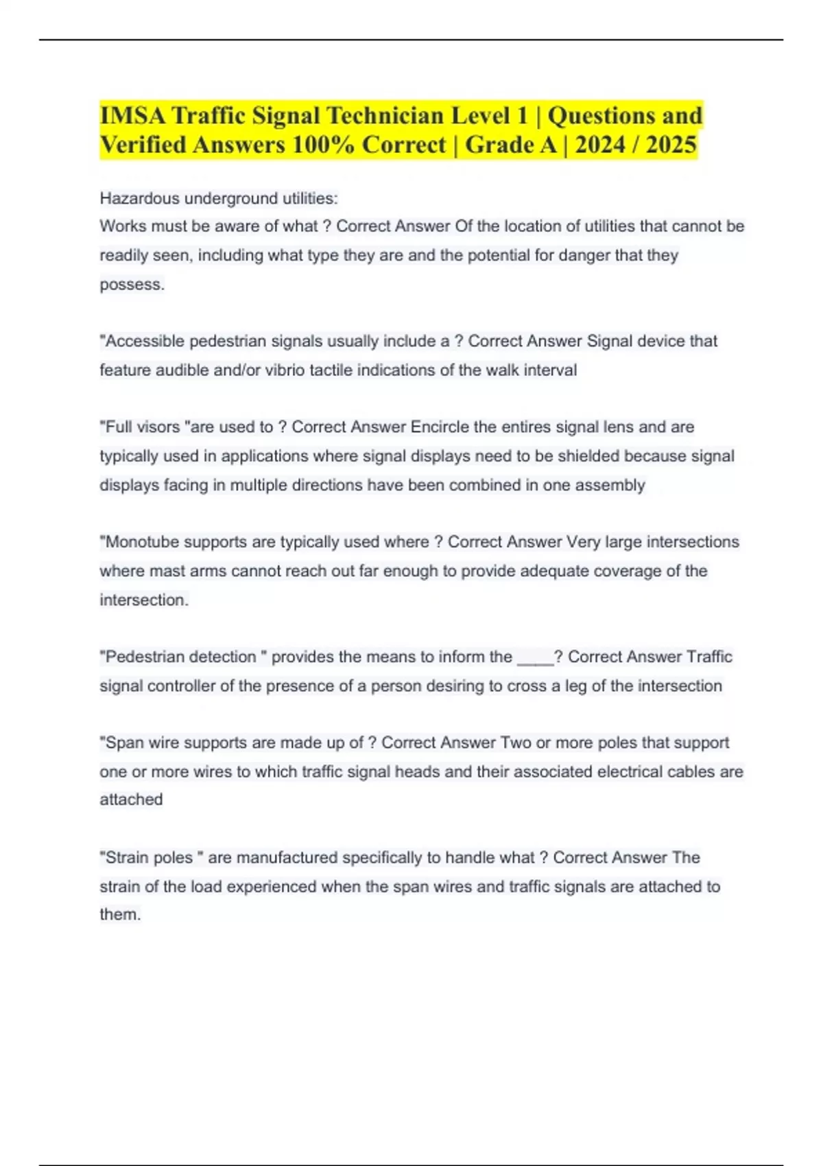 IMSA Traffic Signal Technician Level 1 | Questions and Verified Answers ...