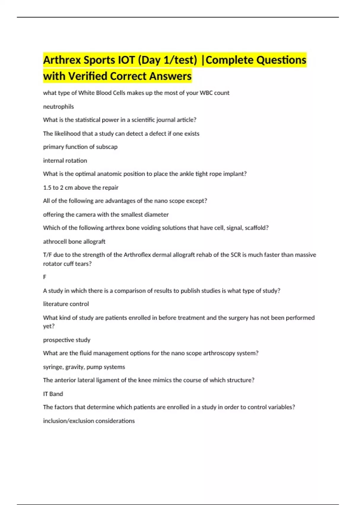 Arthrex Sports IOT (Day 1/test) |Complete Questions with Verified ...