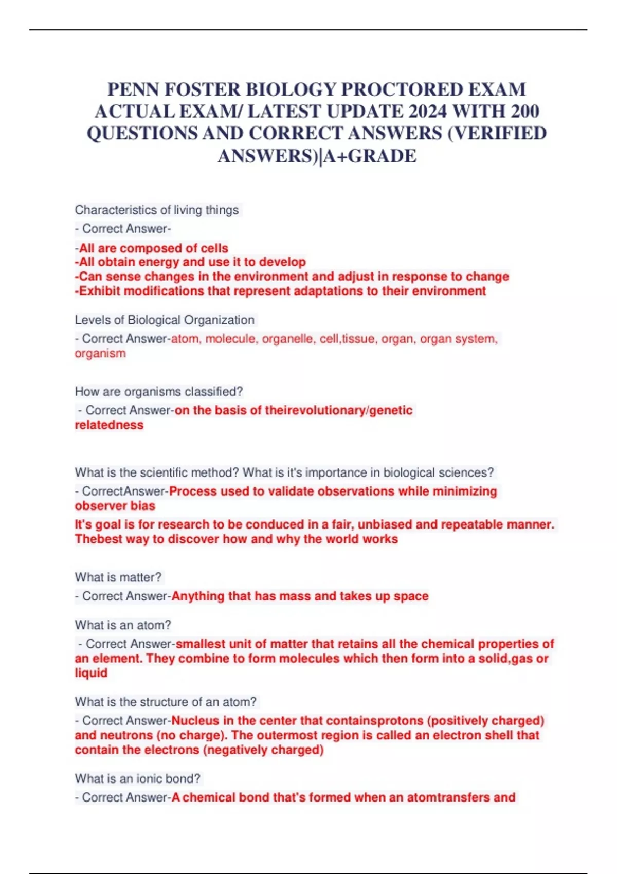 PENN FOSTER BIOLOGY PROCTORED EXAM ACTUAL EXAM/ LATEST UPDATE 2024 WITH ...