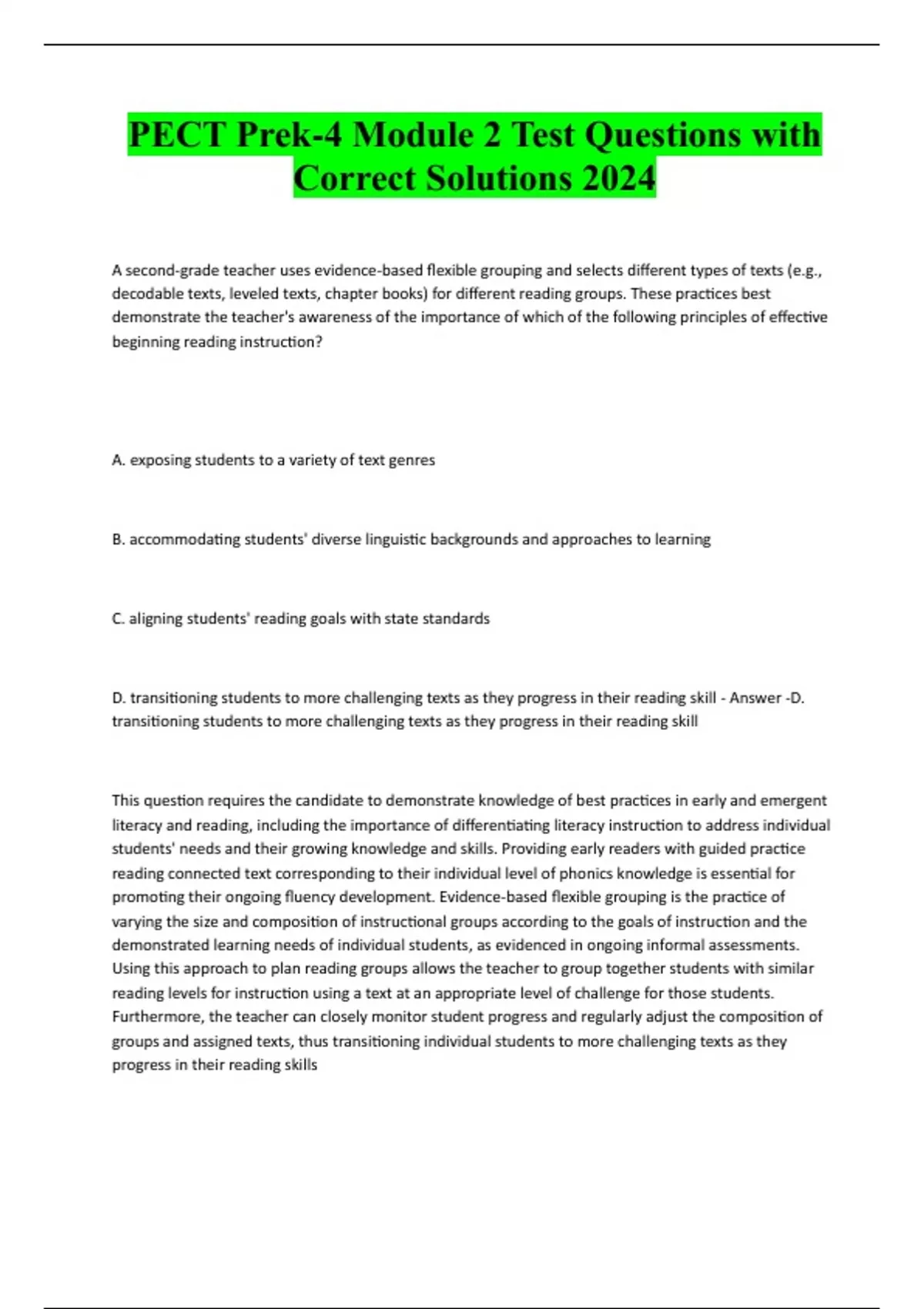 PECT Prek-4 Module 2 Test Questions with Correct Solutions 2024 - Pect ...