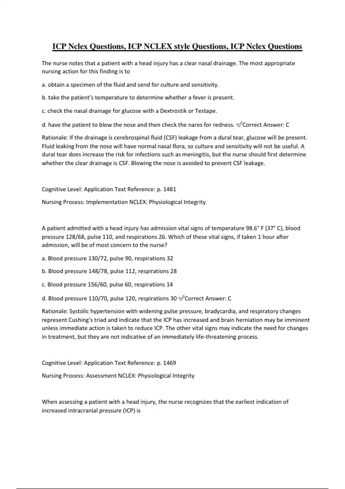 ICP Nclex Questions, ICP NCLEX style Questions, ICP Nclex Questions ...