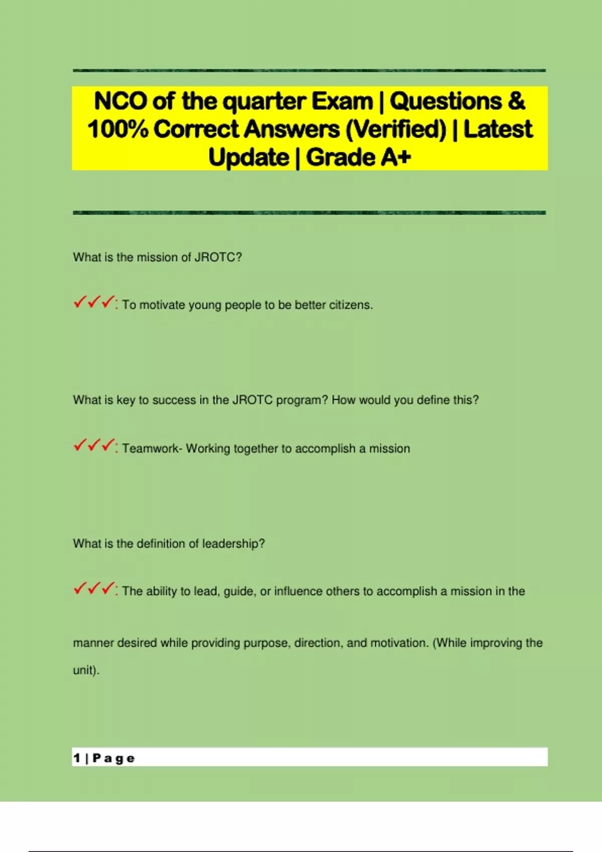 NCO of the quarter Exam | Questions & 100% Correct Answers (Verified ...